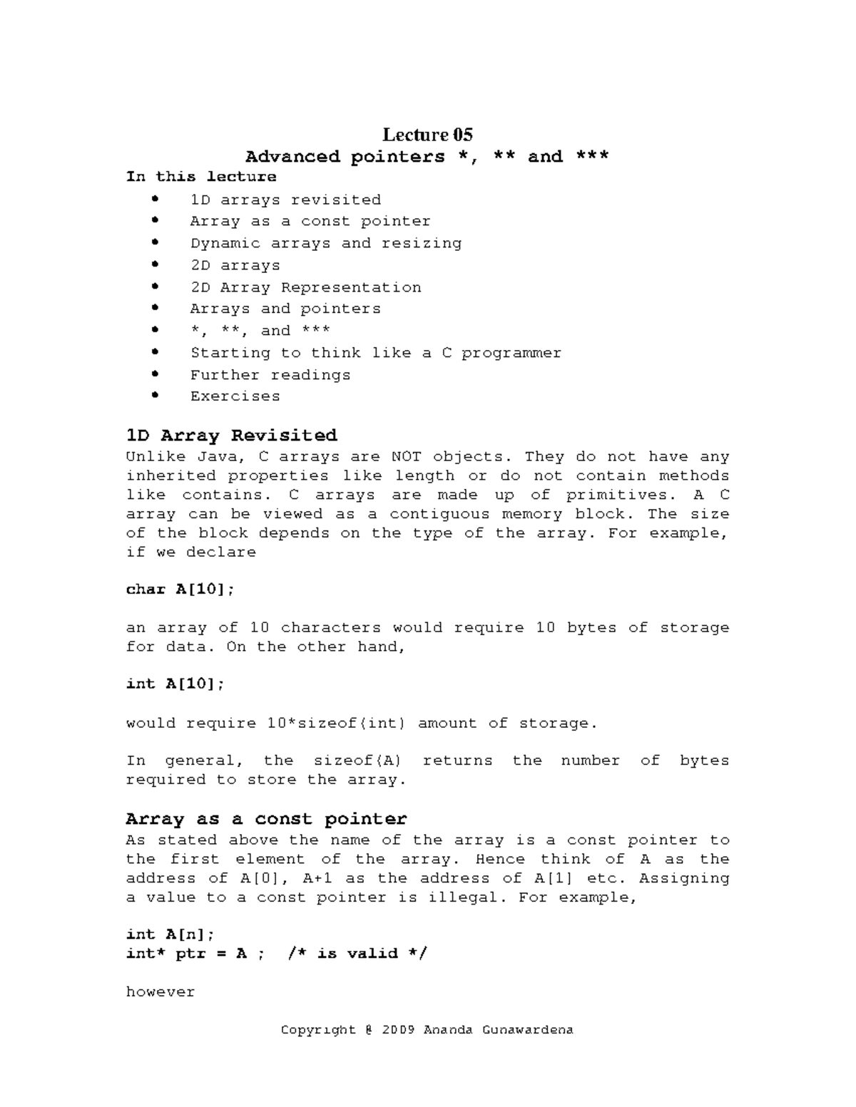Lecture 05 - Advanced pointers - Lecture 05 Advanced pointers *, ** and ...
