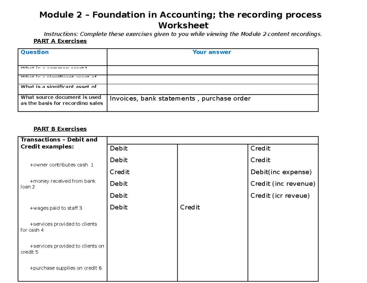 Module 2 worksheet - Module 2 – Foundation in Accounting; the recording ...