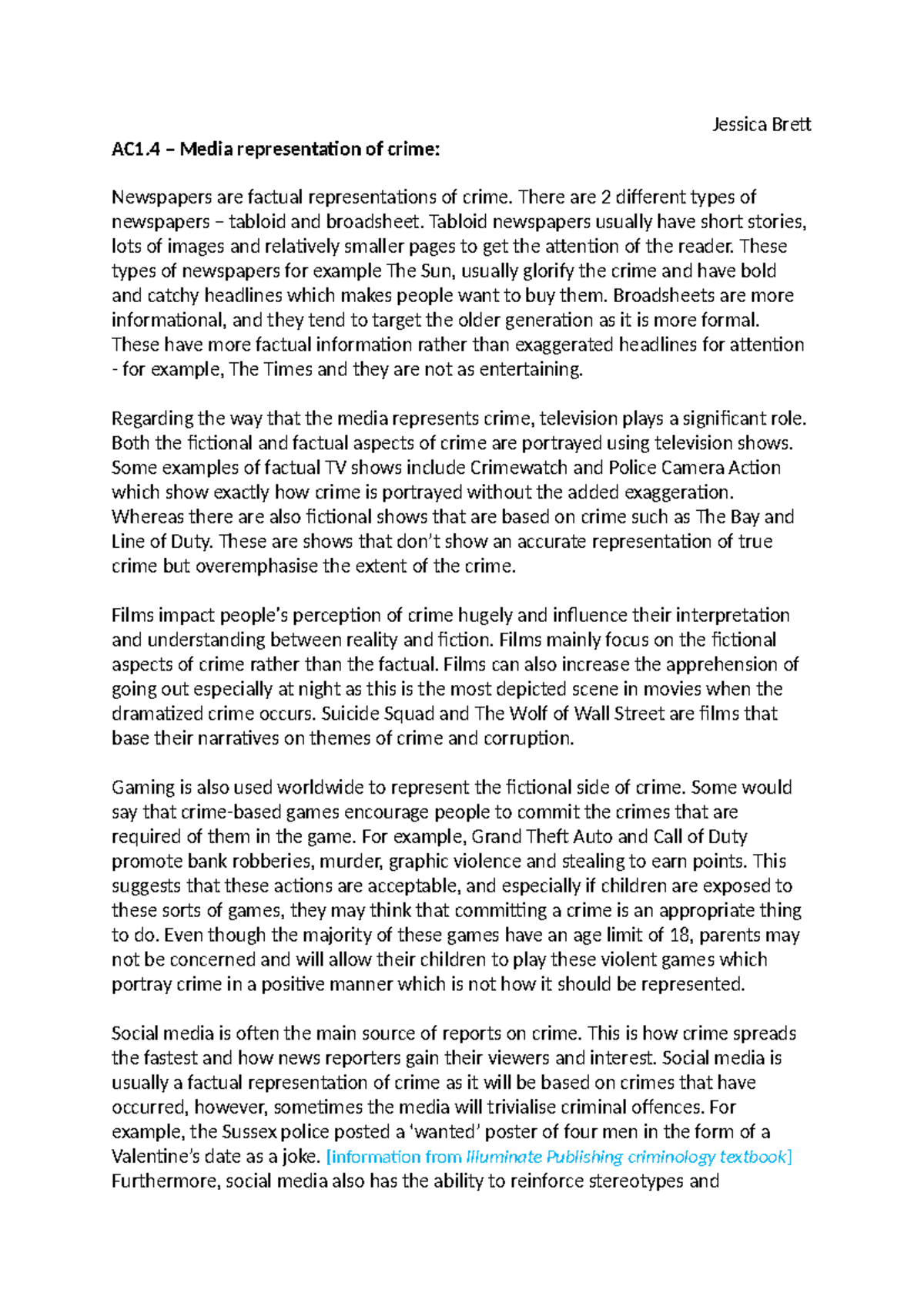 AC1.4 – Media representation of crime - Jessica Brett AC1 – Media representation of crime: - Studocu