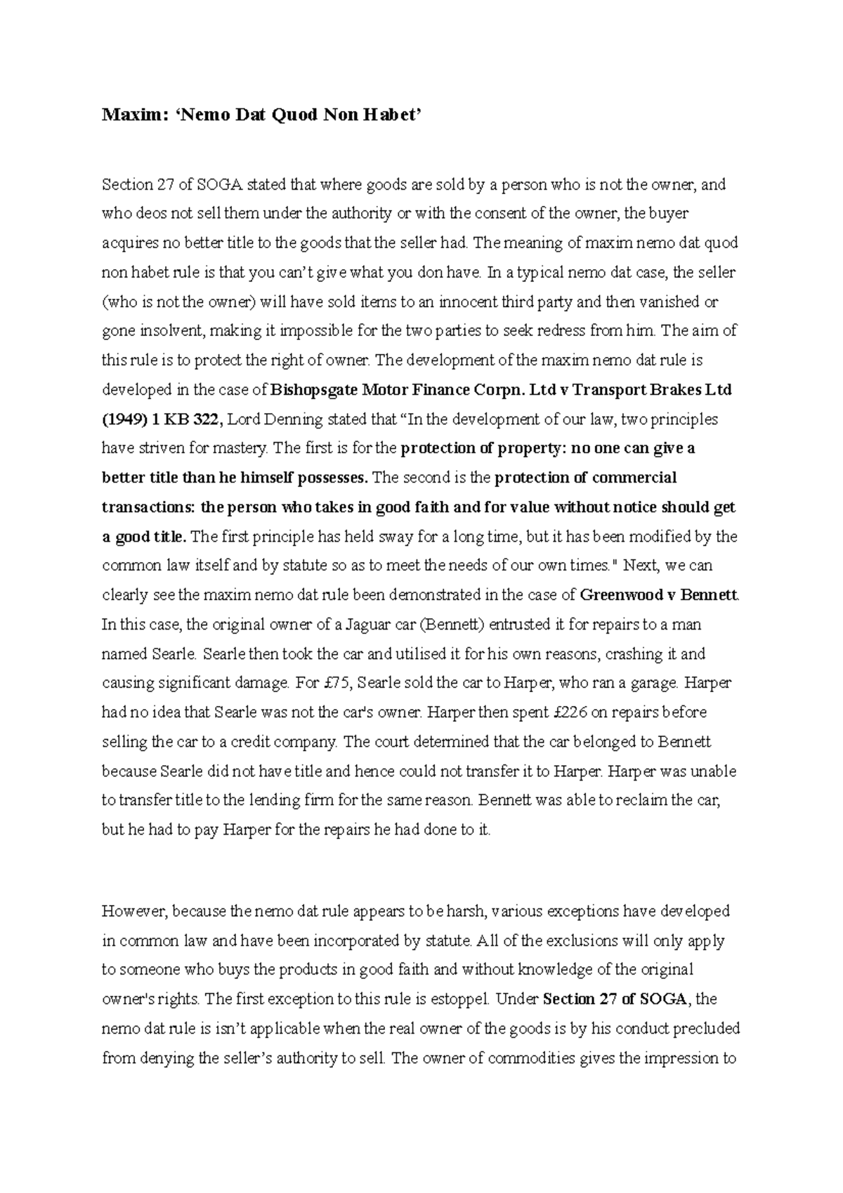 Nemo dat rule - intro to commercial law - Maxim: ‘Nemo Dat Quod Non Habet’ Section 27 of SOGA ...