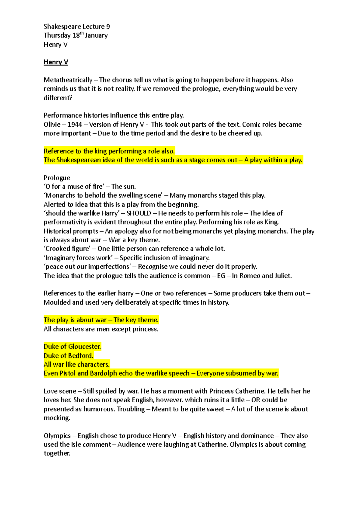 Shakespeare Lecture 9 - Henry v - Shakespeare Lecture 9 Thursday 18th ...