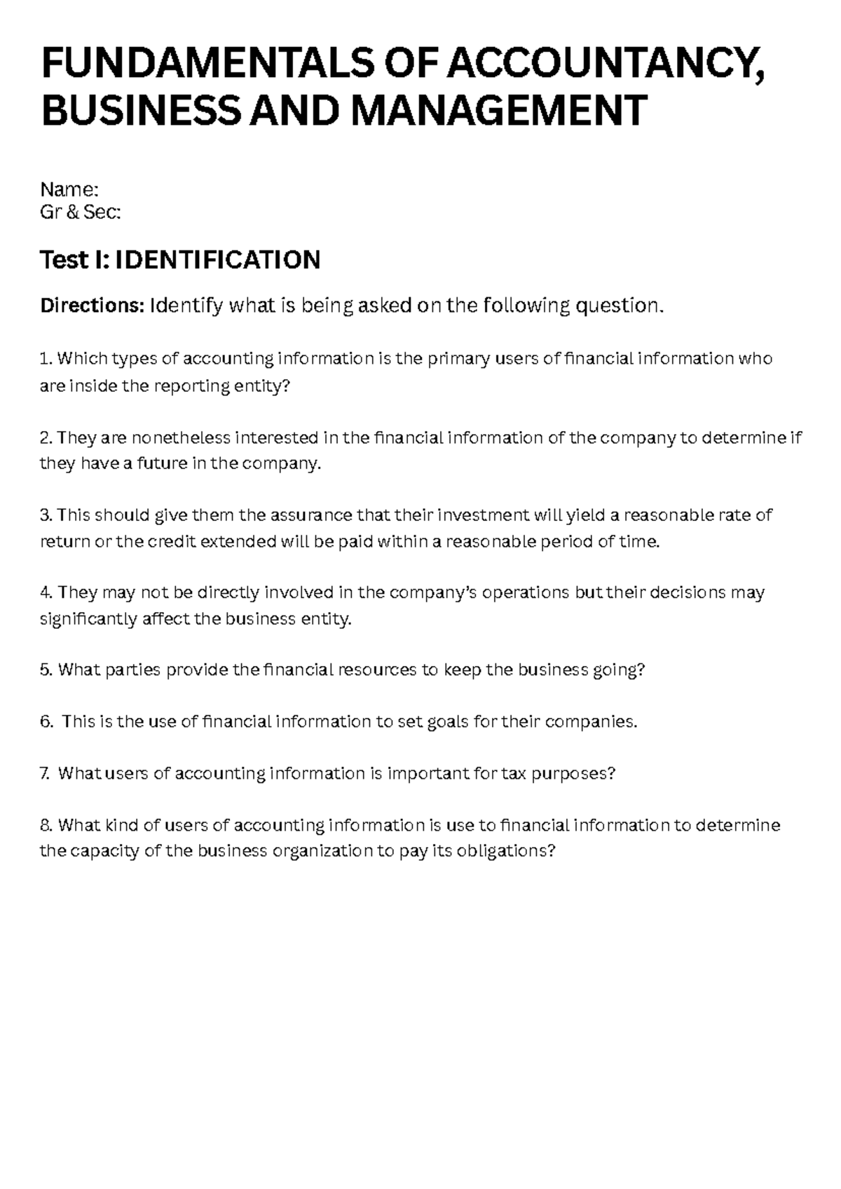 Test - practice - FUNDAMENTALS OF ACCOUNTANCY, BUSINESS AND MANAGEMENT ...