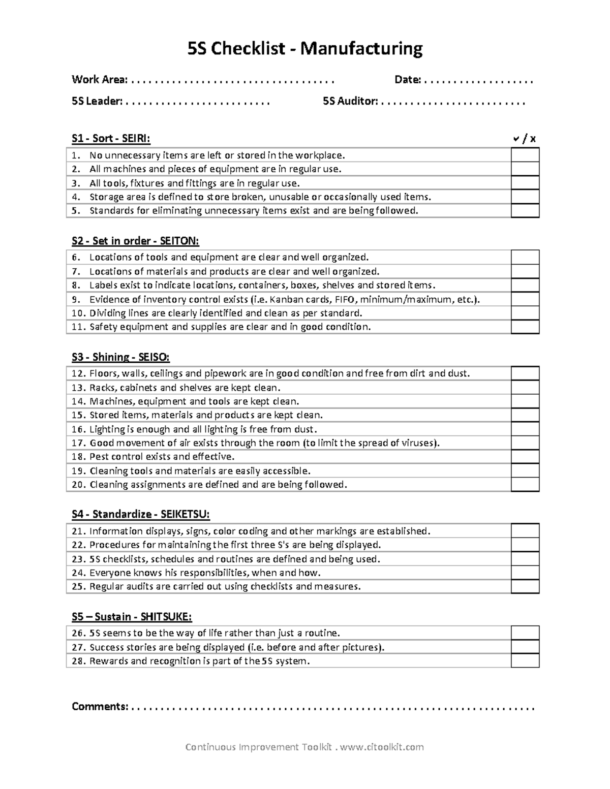 5s Audit Checklist Manufacturing 5S Checklist Manufacturing