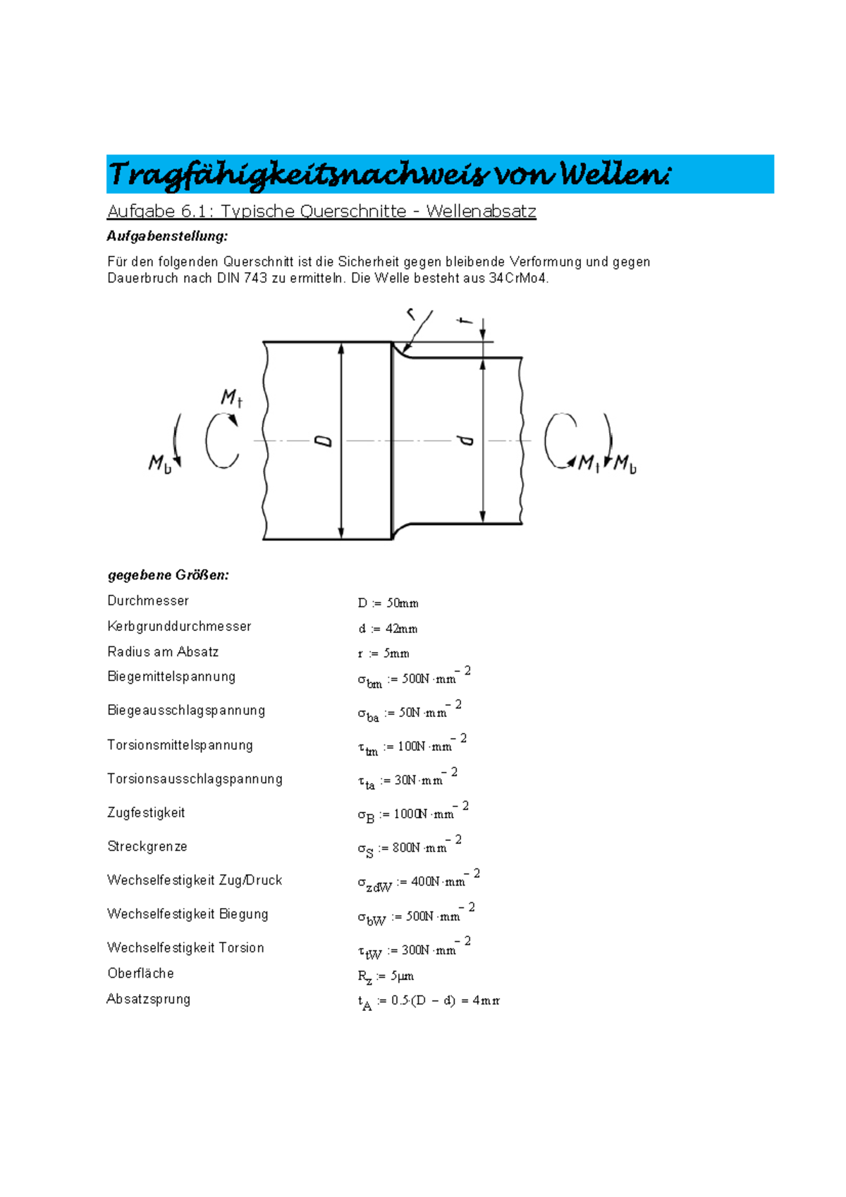 Wellenberechnung Absatz - Tragfähigkeitsnachweis von Wellen: Aufgabe 6 ...
