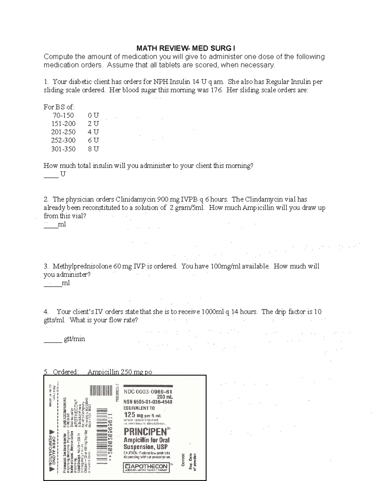 MATH Review med surg 1 - MATH REVIEW- MED SURG I Compute the amount of ...