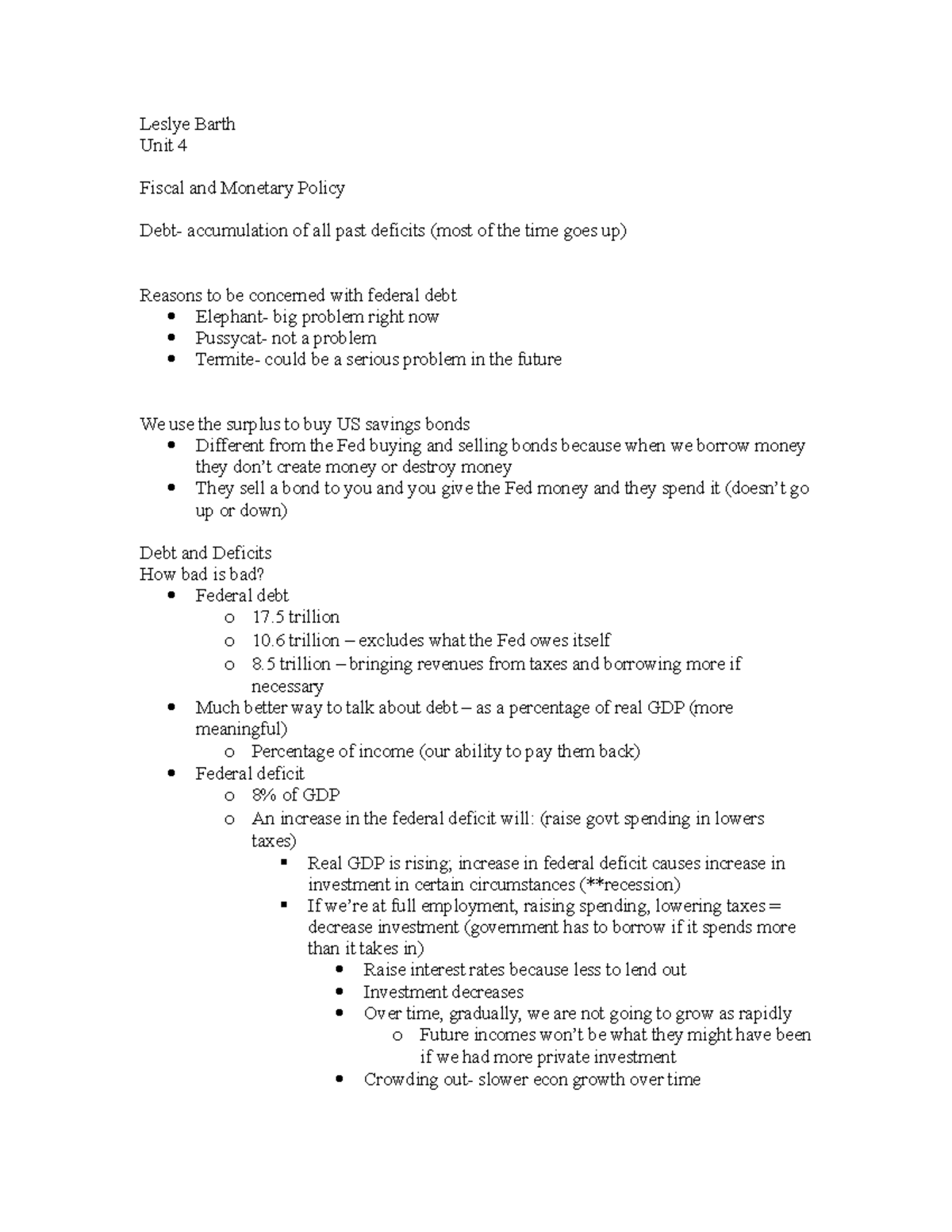 Econ unit 4 - unit 4 notes - Leslye Barth Unit 4 Fiscal and Monetary ...