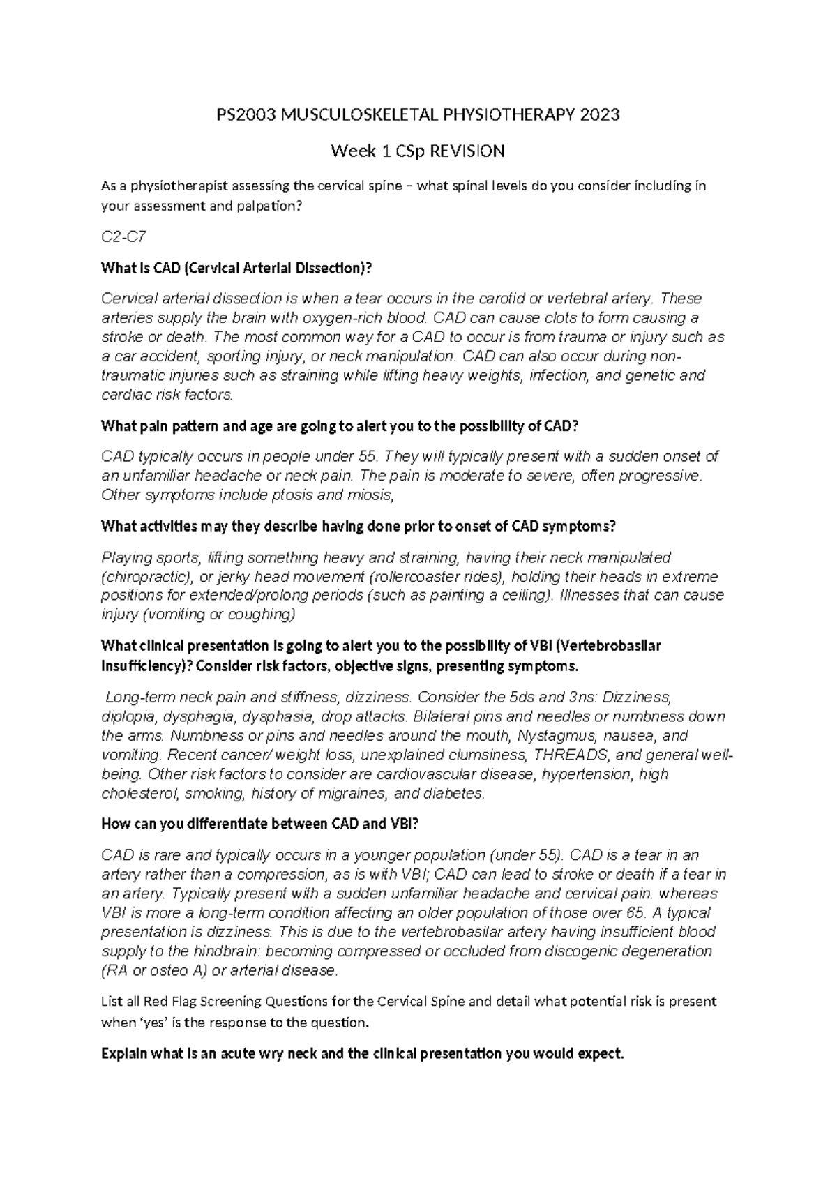 Ps2003 wk1 revision. - PS2003 MUSCULOSKELETAL PHYSIOTHERAPY 2023 Week 1 ...