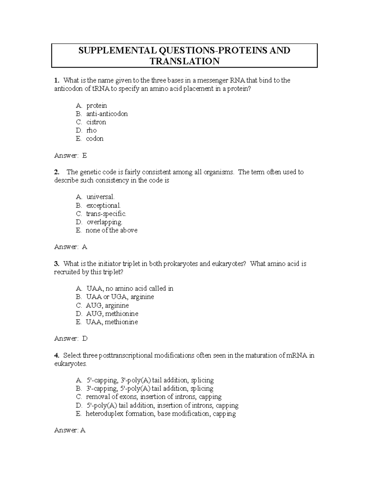 Protein Synthesis - SUPPLEMENTAL QUESTIONS-PROTEINS AND TRANSLATION ...