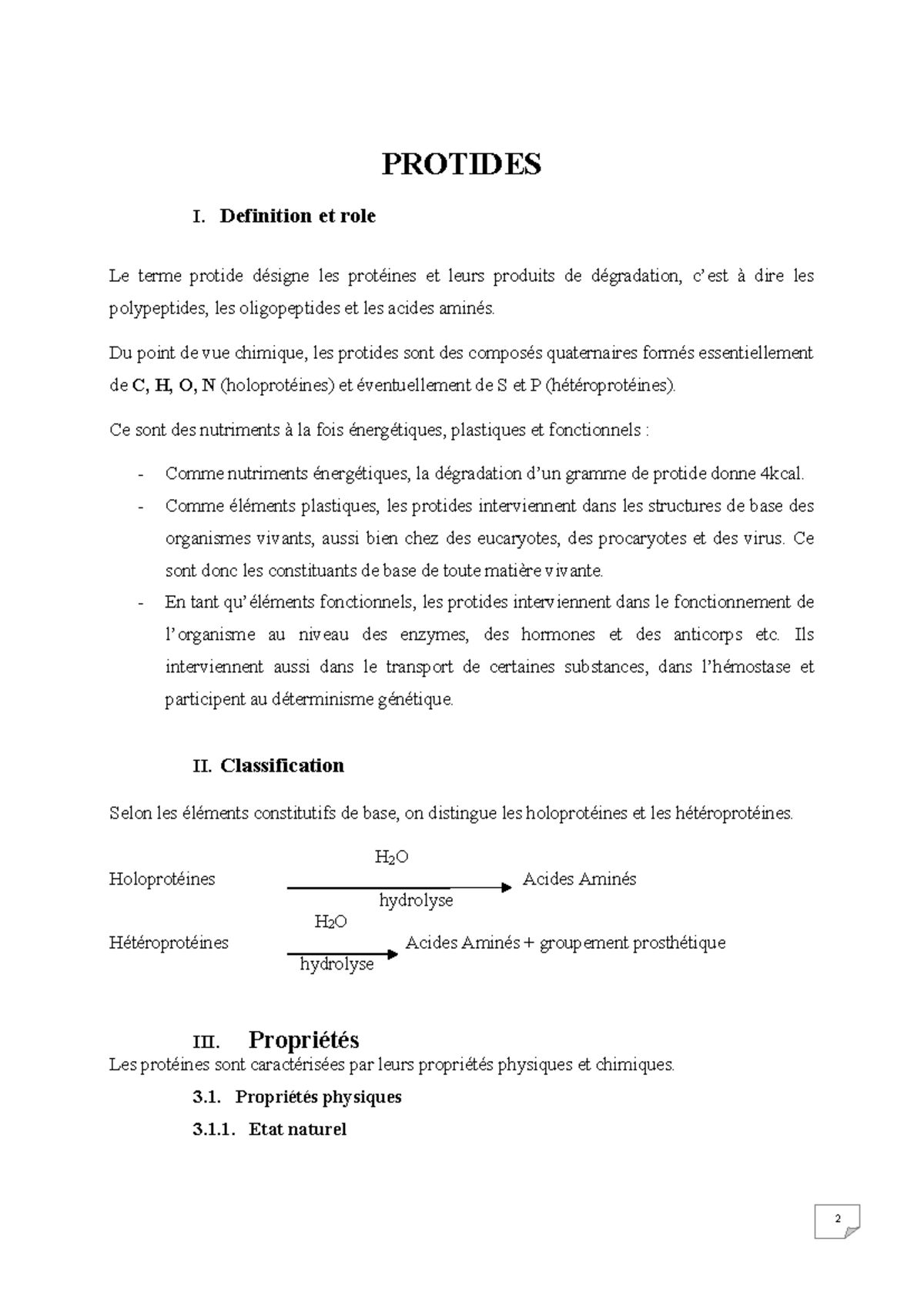 Présentiel 1 - Les Protides-a - PROTIDES I. Definition et role Le terme ...