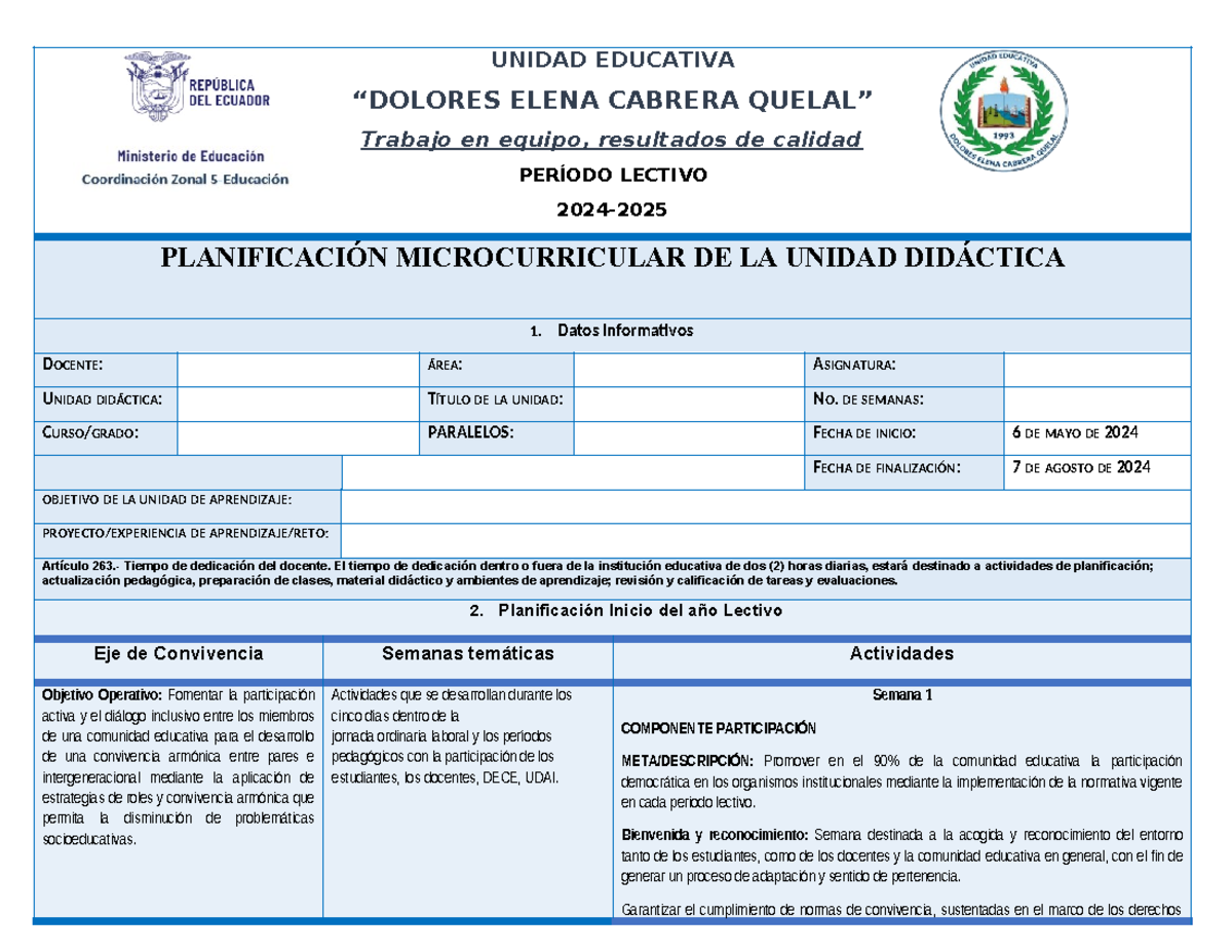 PLAN Microcurricular 2024-2025 - UNIDAD EDUCATIVA “DOLORES ELENA CABRERA QUELAL” Trabajo en ...