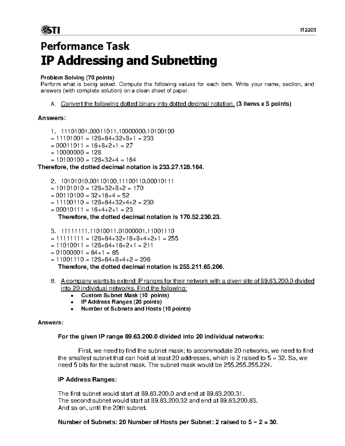 NETwork technology - Performance Task IP Addressing and Subnetting Problem Solving (70 points ...