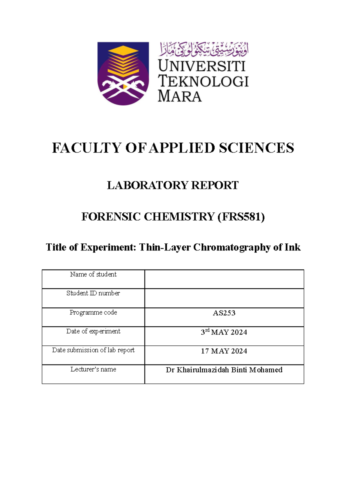 EXP TLC INK - FACULTY OF APPLIED SCIENCES LABORATORY REPORT FORENSIC ...