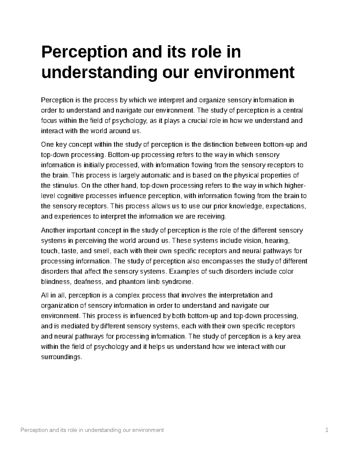 Perception and its role in understanding our environment - The study of ...