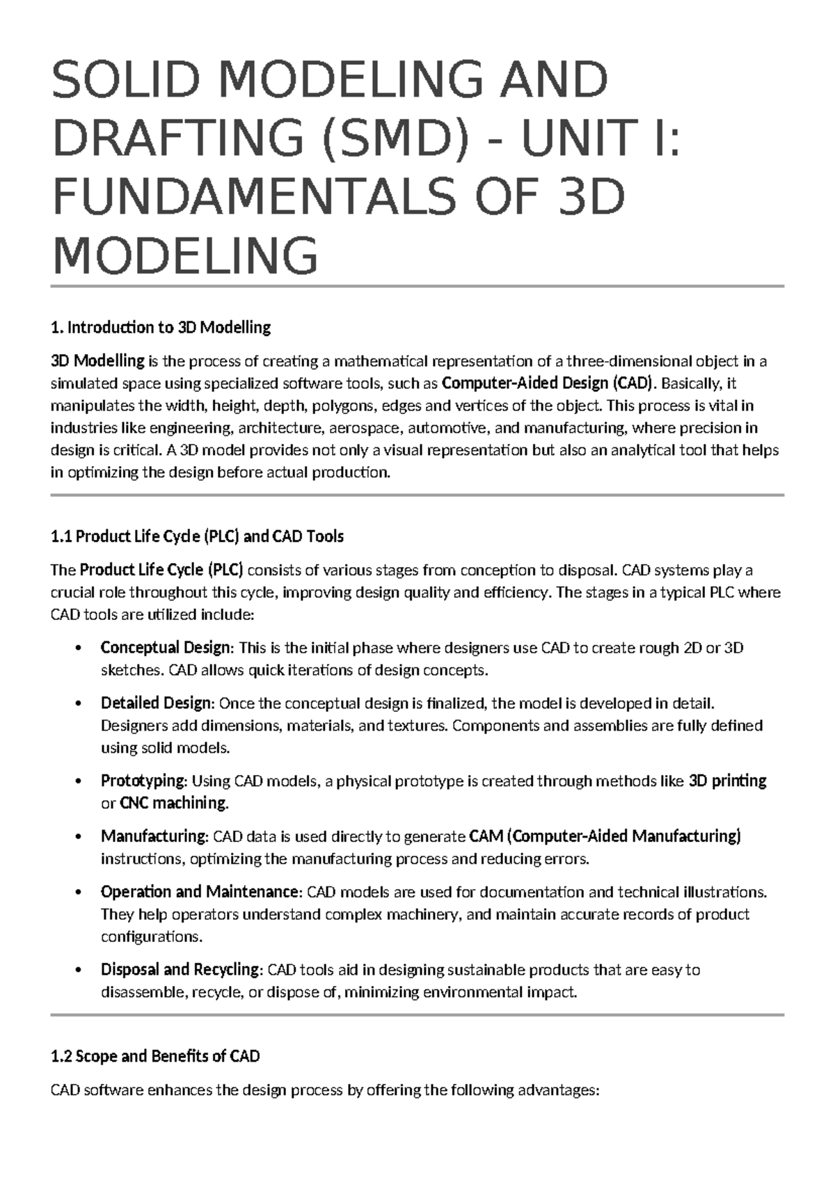 Solid Modeling and Drafting U1 - SOLID MODELING AND DRAFTING (SMD ...