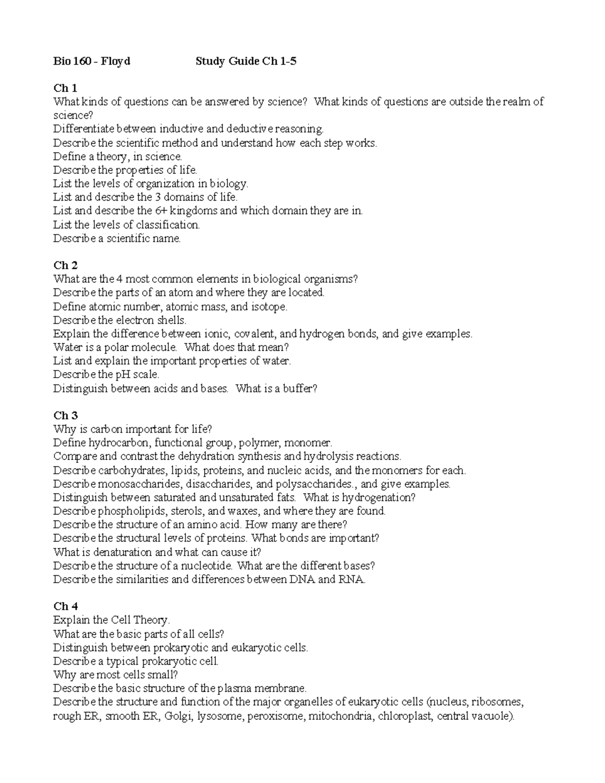 Study Guide Ch 1-5 - Bio 160 - Floyd Study Guide Ch 1- Ch 1 What kinds of questions can be ...