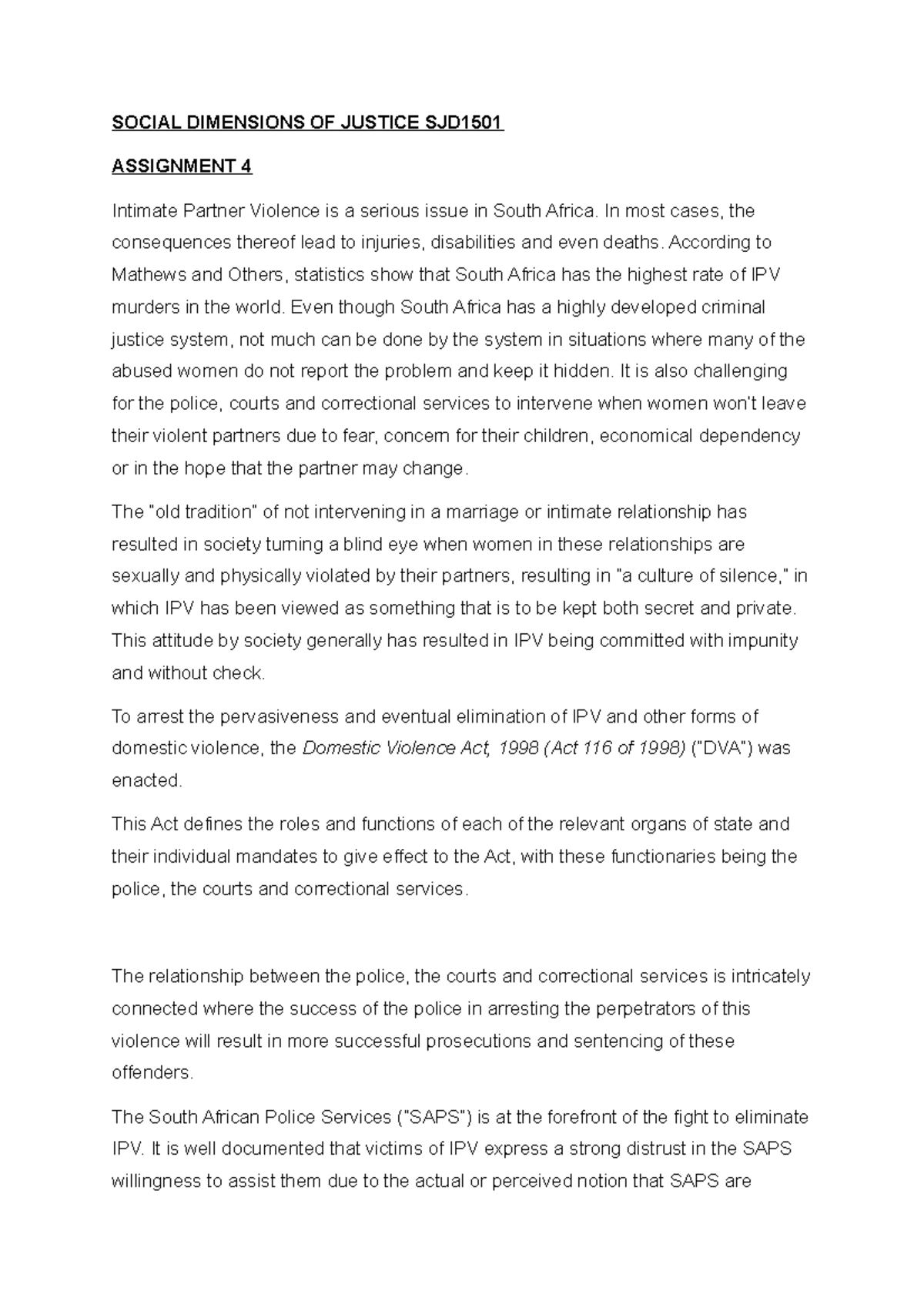 Assignment 4 - SOCIAL DIMENSIONS OF JUSTICE SJD ASSIGNMENT 4 Intimate ...