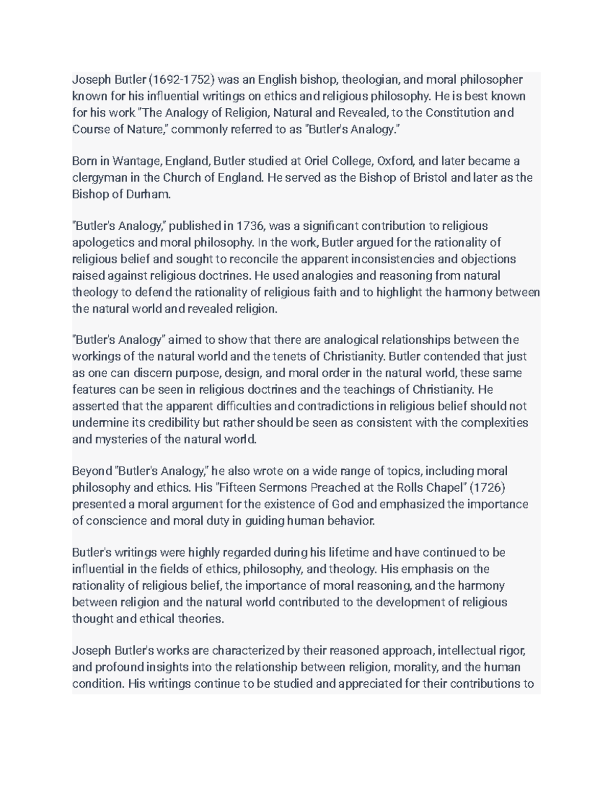 Joseph Butler - He is best known for his work "The Analogy of Religion ...