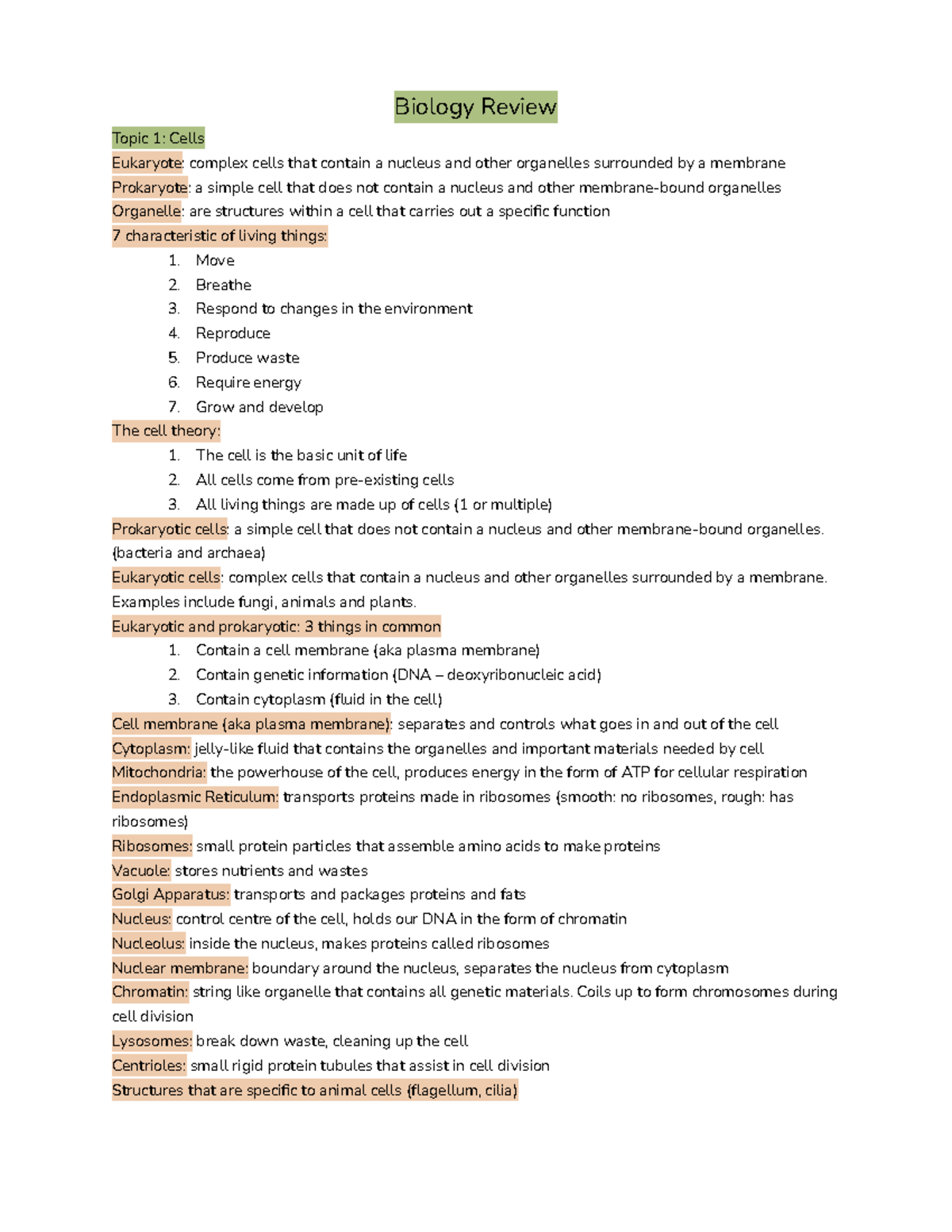 Biology unit review - Biology Review Topic 1: Cells Eukaryote: complex ...