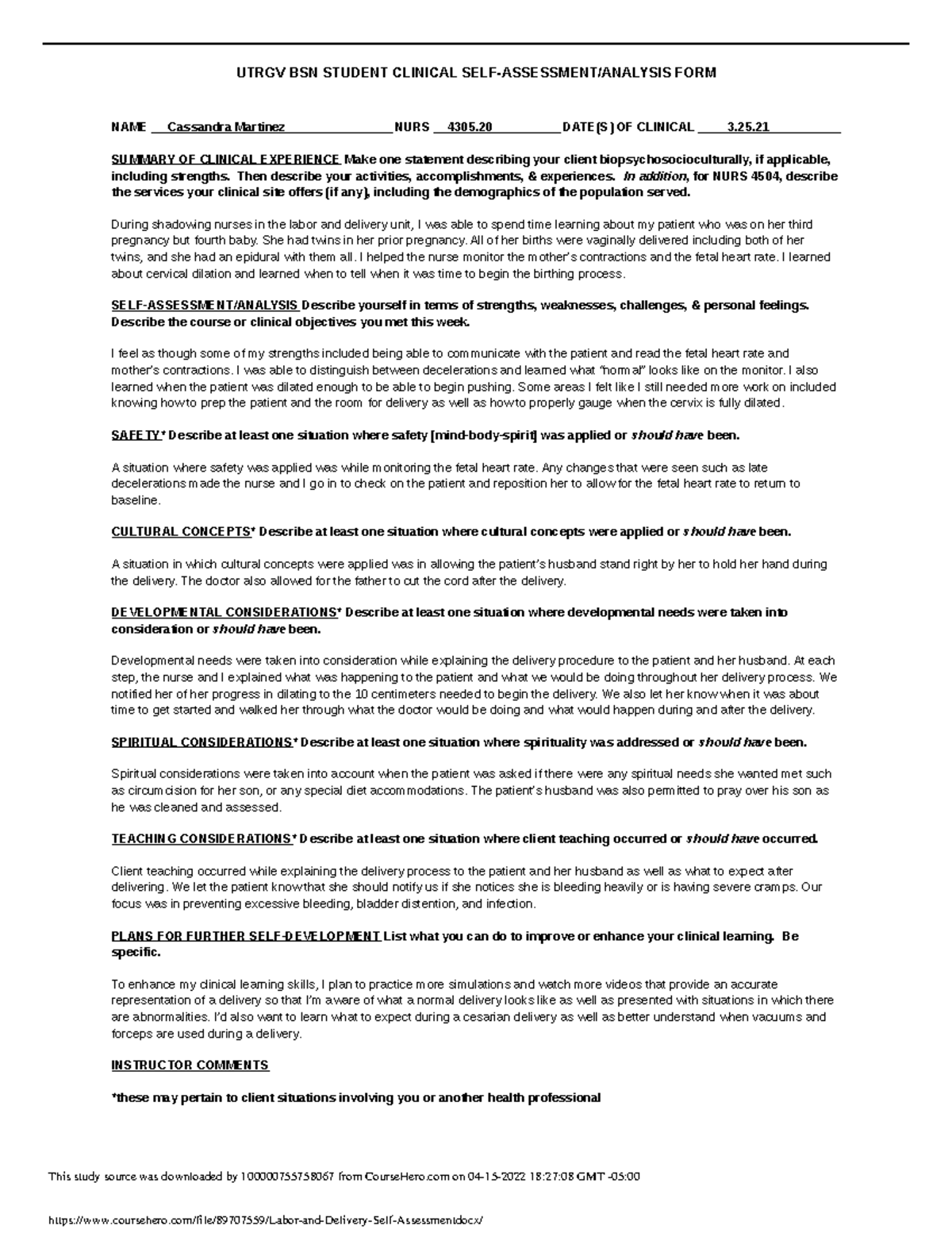 Labor and Delivery Self Assessment - UTRGV BSN STUDENT CLINICAL SELF-ASSESSMENT/ANALYSIS FORM ...