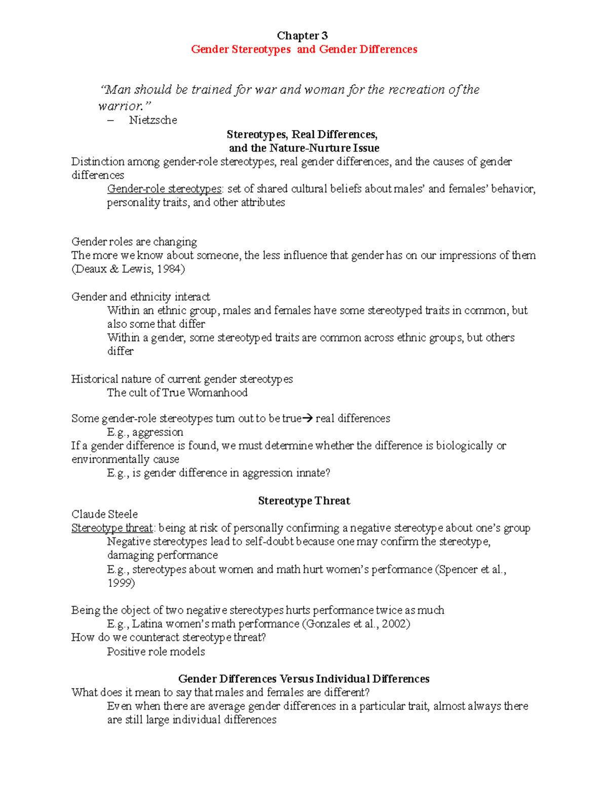 Ch03 Gender Stereotypes and Gender Differences - Chapter 3 Gender ...