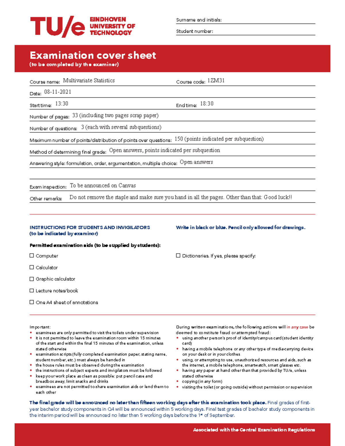 Exam 1ZM31 Nov2021 Cover Pagina - Examination cover sheet (to be ...