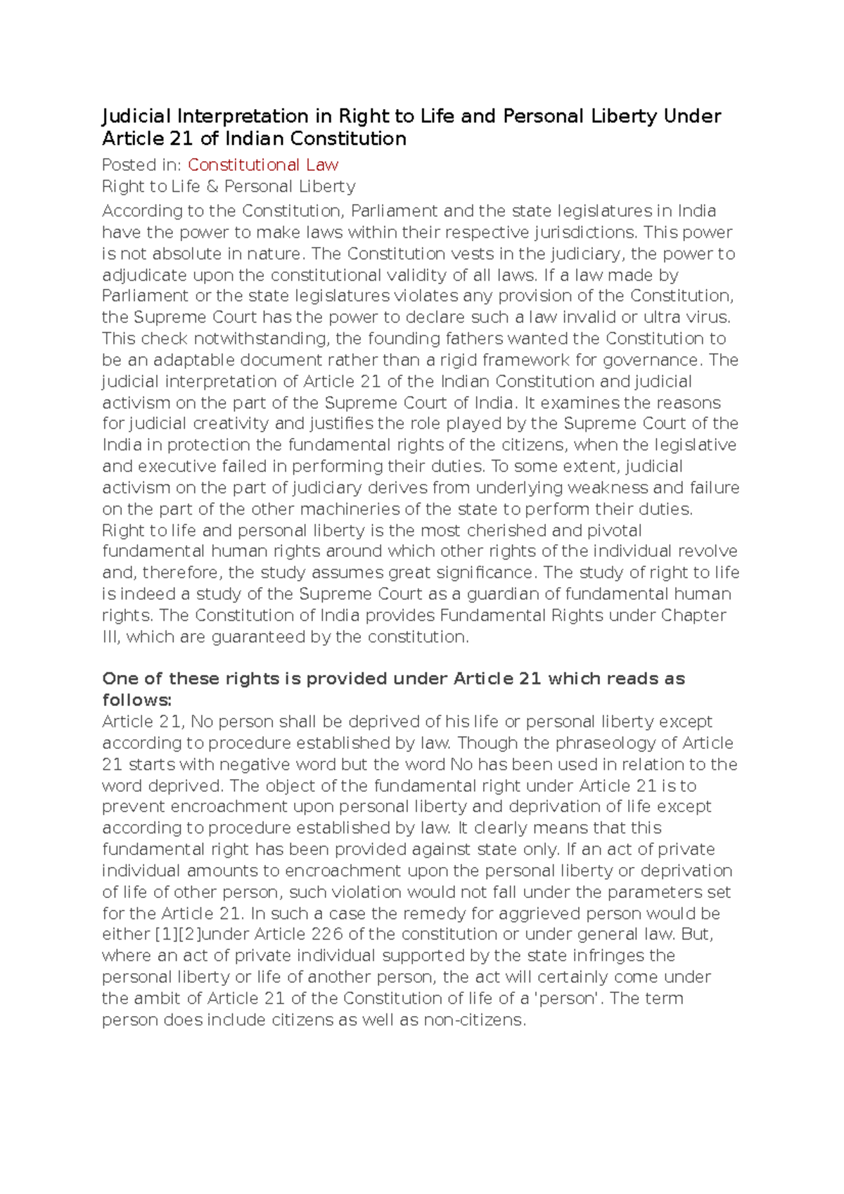 Judicial Interpretation in Right to Life and Personal Liberty Article ...