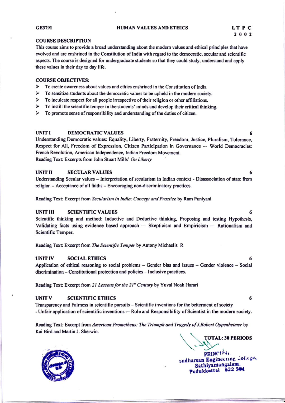 GE3791-Human values and ethics syllabus - GE COURSE DESCRIPTION COURSE ...