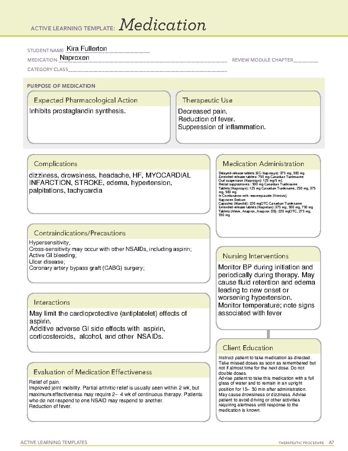 MED Naproxen ATI Medications Sheet ACTIVE LEARNING TEMPLATES