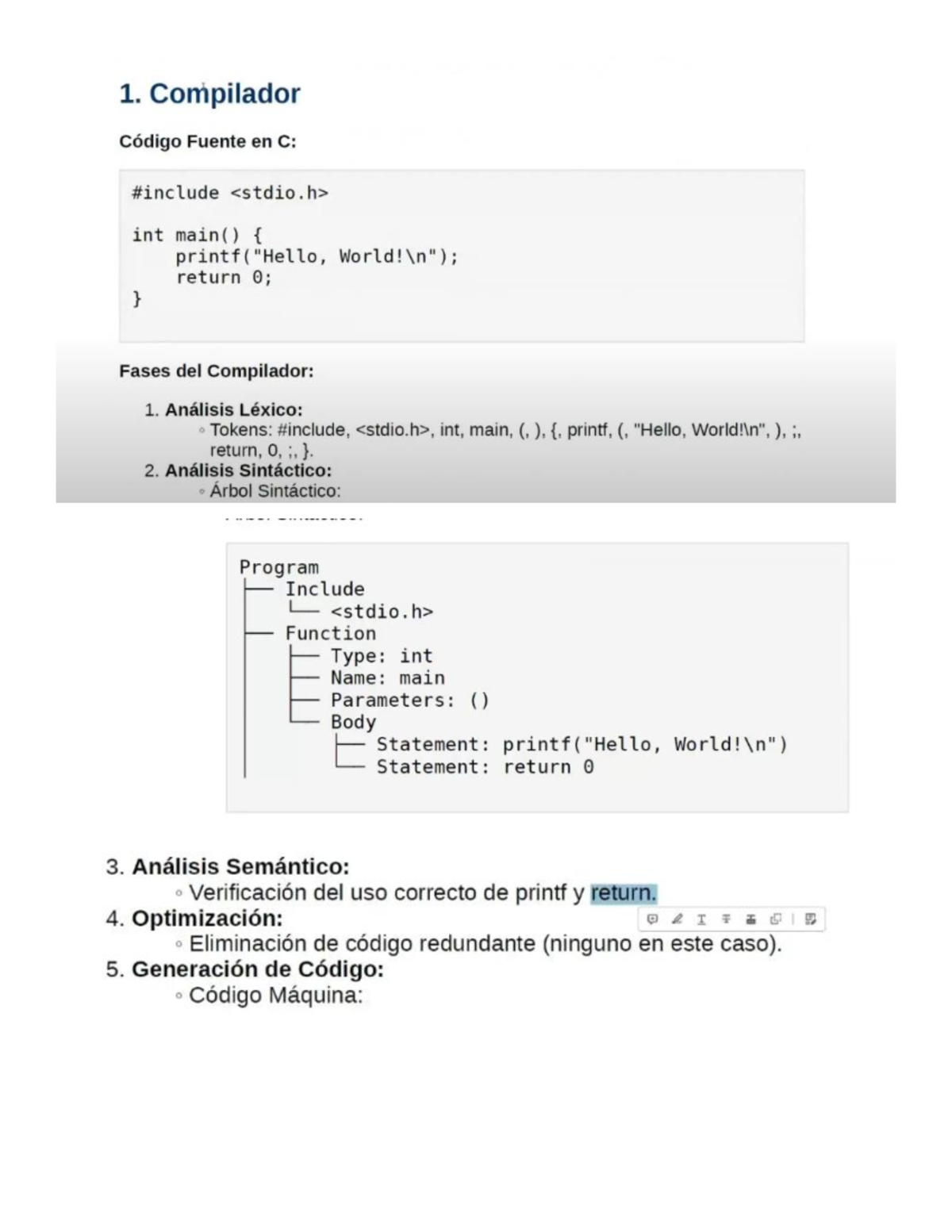 Interprete - new - 1. Compilador Código Fuente en C: #include int main ( ) { - Studocu
