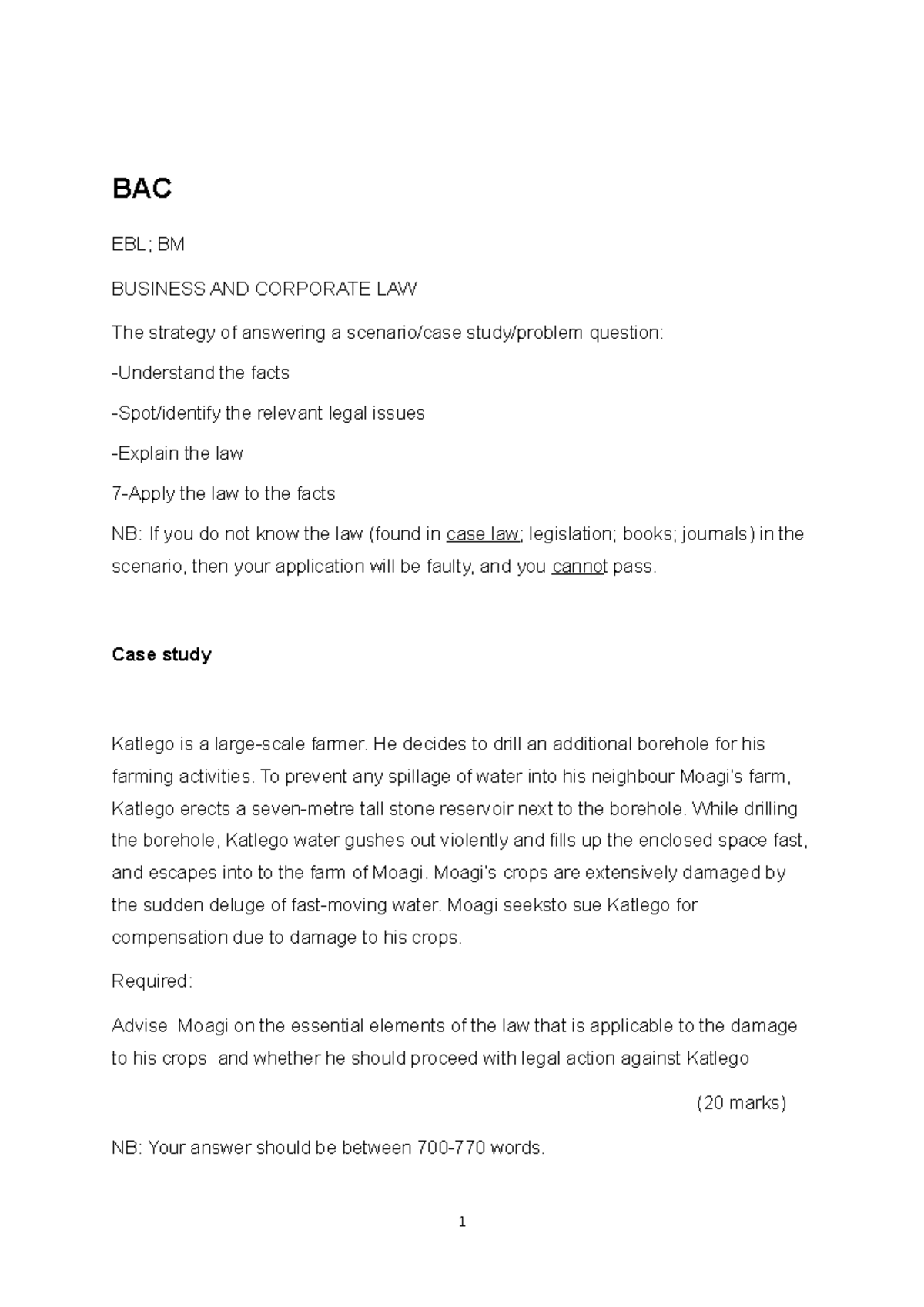 CASE Study-LAW - non - BAC EBL; BM BUSINESS AND CORPORATE LAW The ...