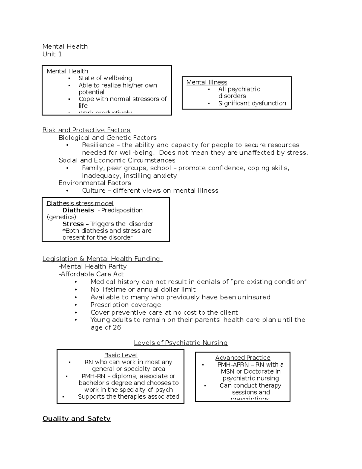 Mental Health Unit 1 - EXAM 1 - Mental Health Unit 1 Risk and ...