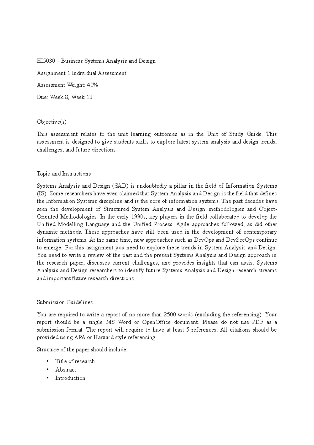 Assignment 1 specification - HI5030 – Business Systems Analysis and Design Assignment 1 ...