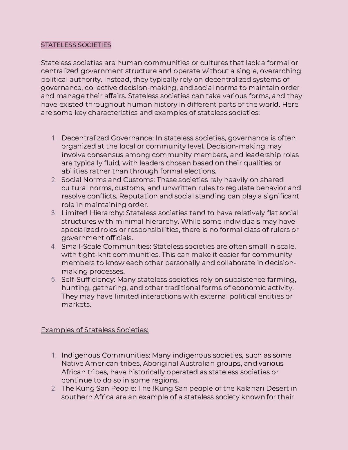 Anthropology 308 - STATELESS SOCIETIES Stateless societies are human ...