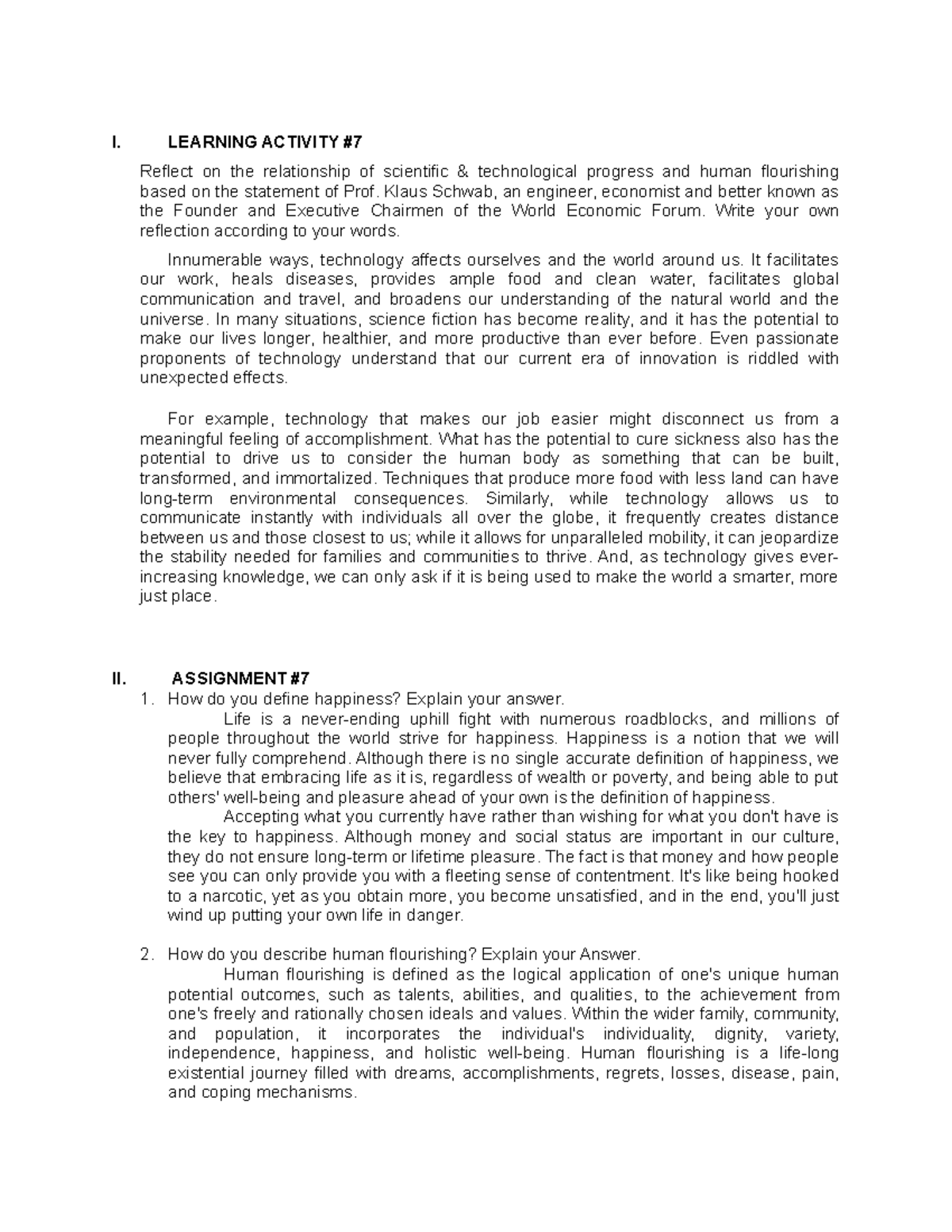 Learning Activity and Assignment 7 - I. LEARNING ACTIVITY Reflect on ...