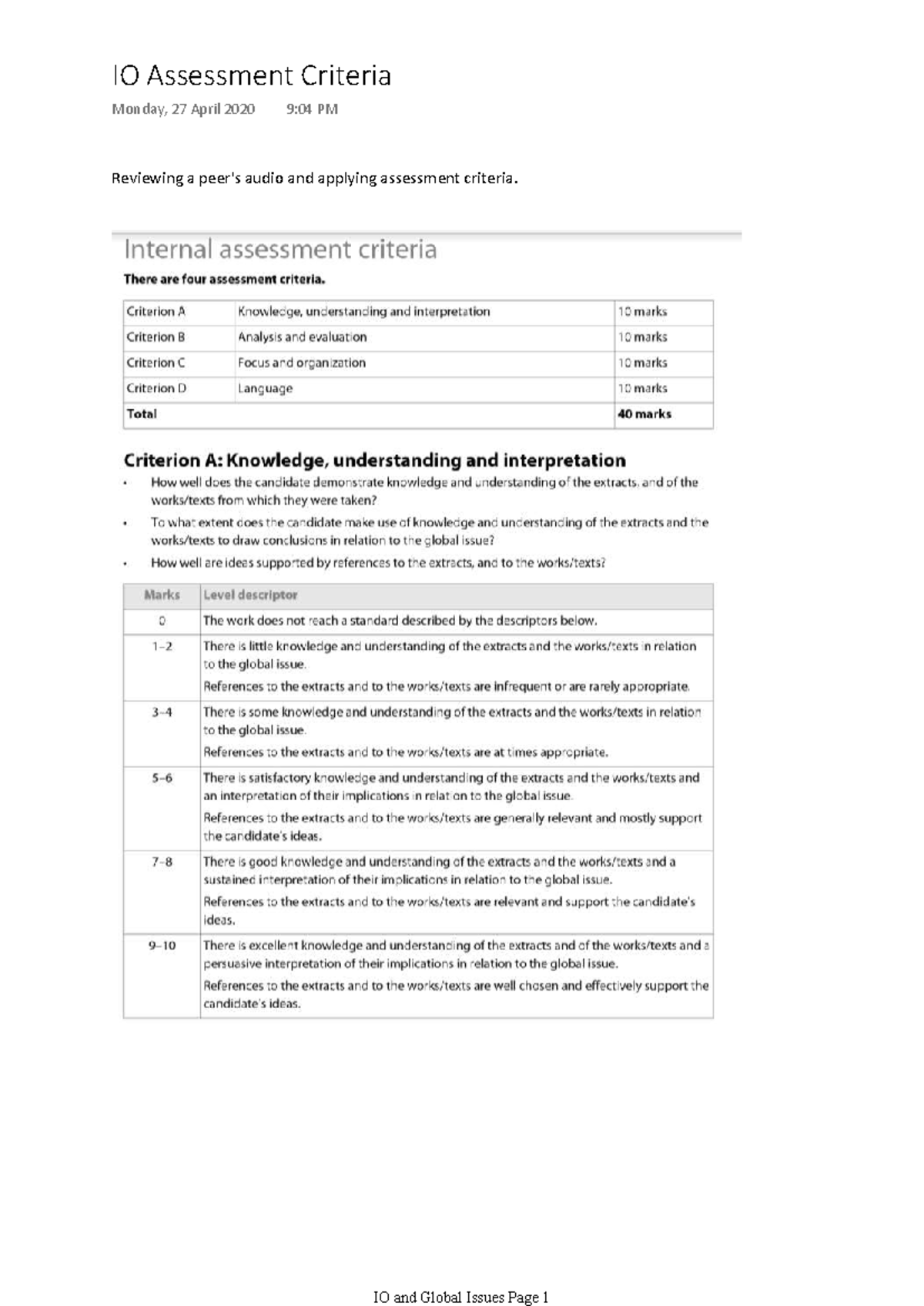 IO Criteria - Reviewing a peer's audio and applying assessment criteria. IO Assessment Criteria ...