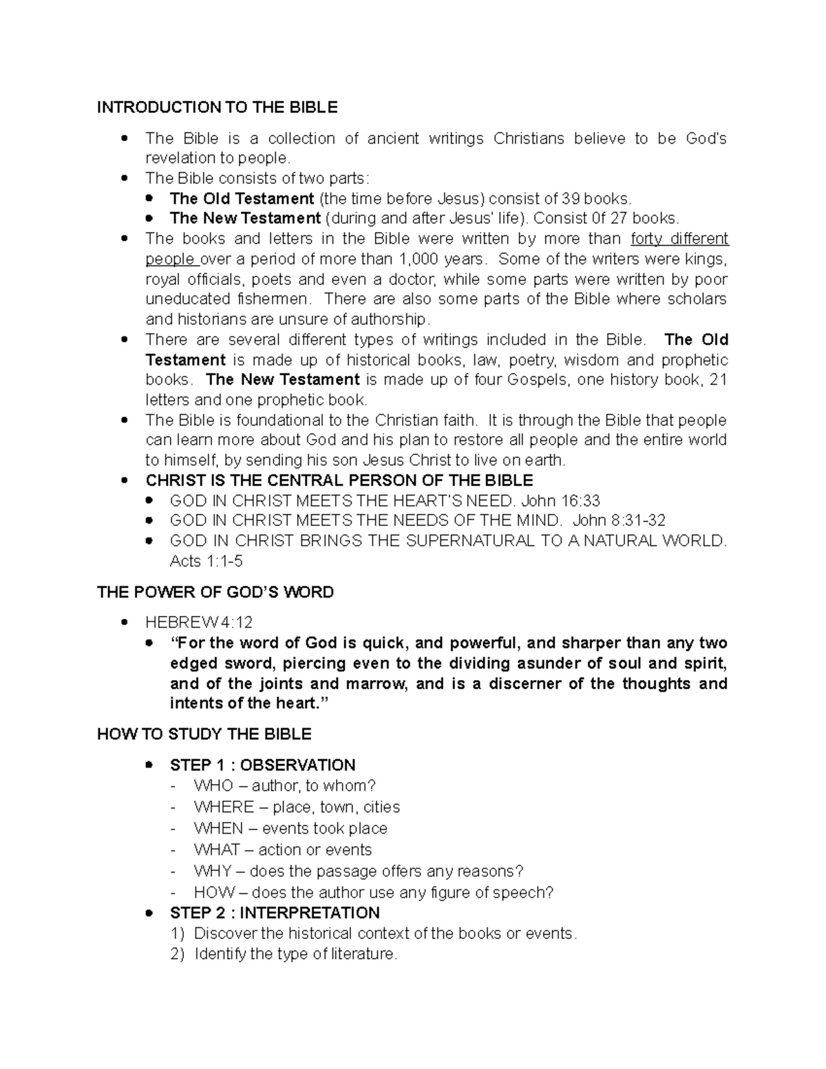 Reviewer - Lecture notes 1-10 - INTRODUCTION TO THE BIBLE The Bible is ...