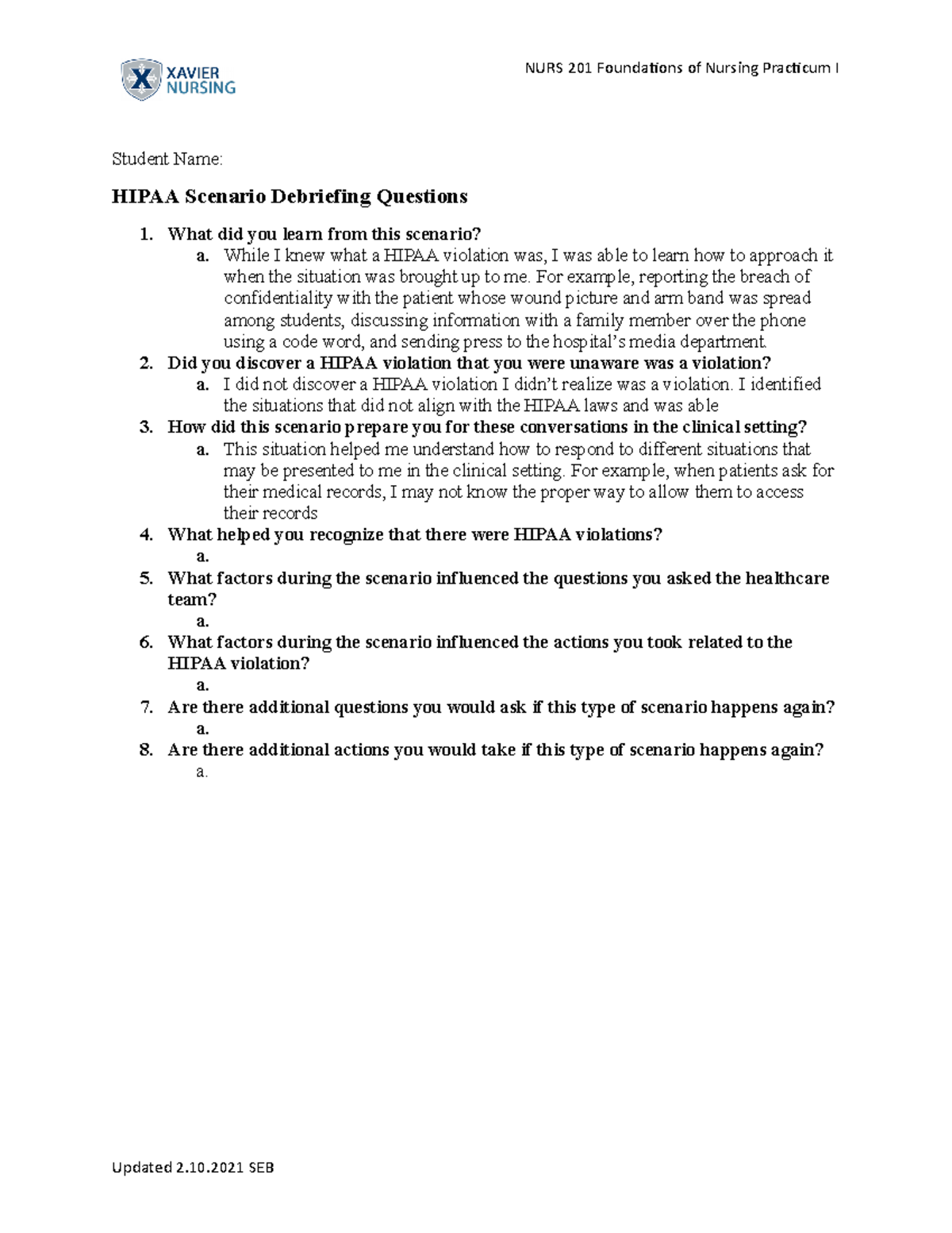 Hipaa Scenario Debriefing Questions - NURS 201 Foundations of Nursing ...