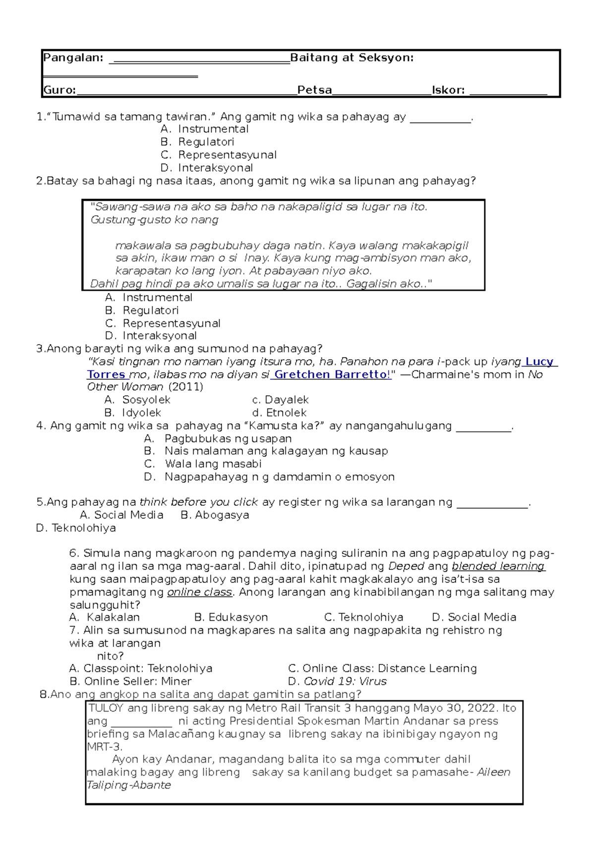 Komunikasyon Reviewer - Pangalan: _________________________________Baitang at Seksyon: - Studocu