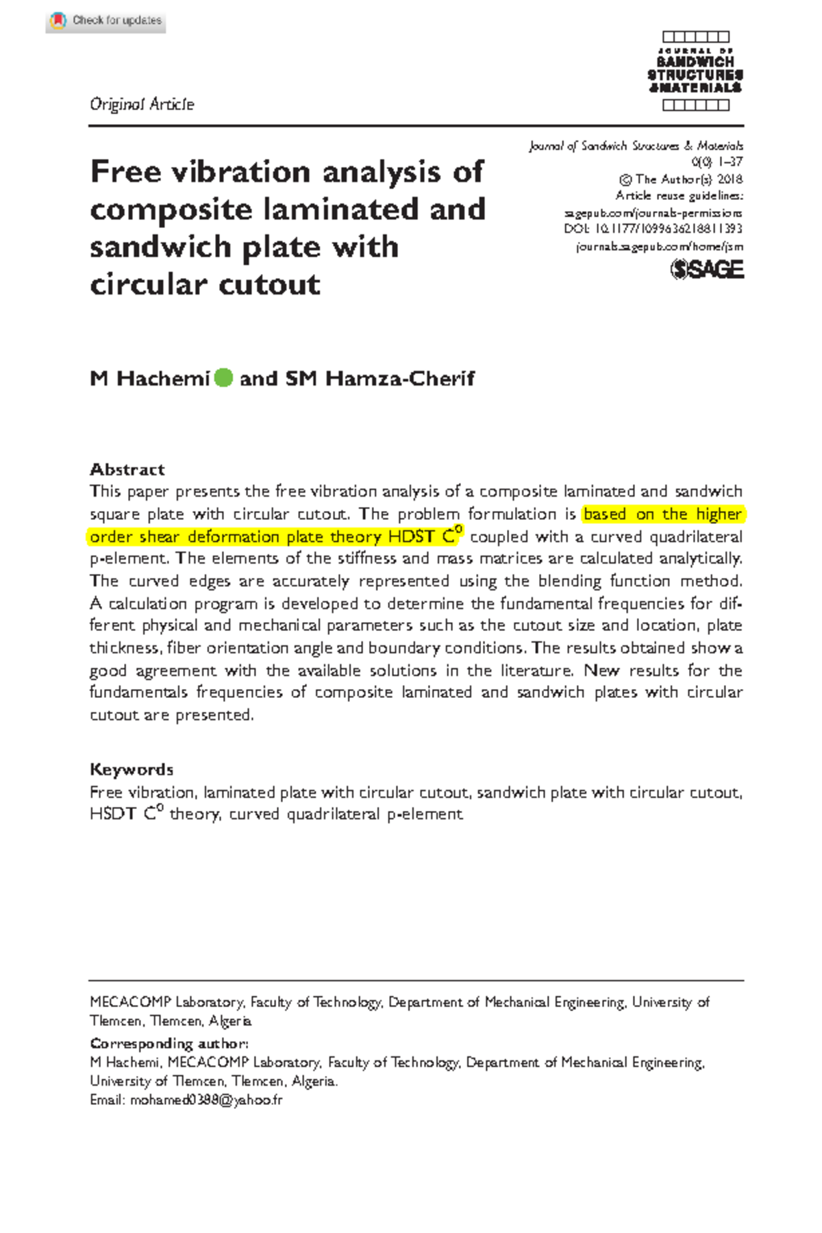 Free Vibration Analysis The Problem Formulation Is Based On The Higher Order Shear Deformation