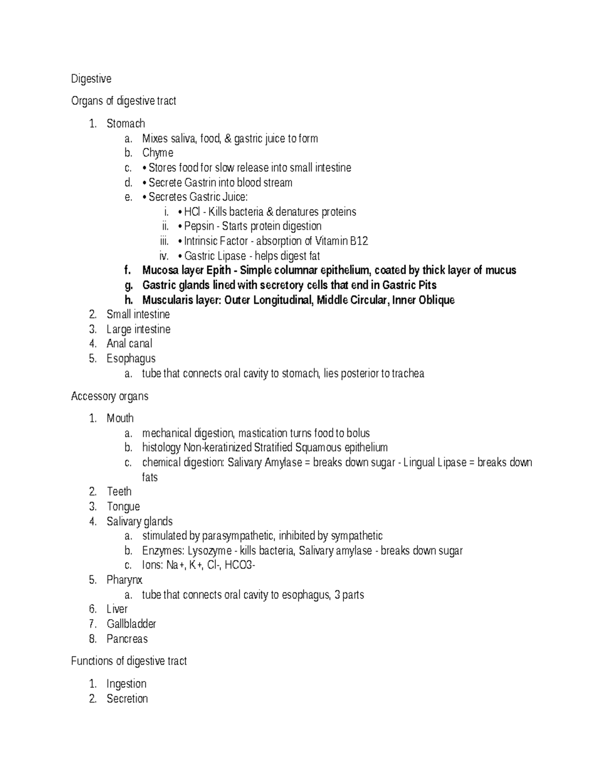 Exam 2 study guide - Digestive Organs of digestive tract 1. Stomach a ...