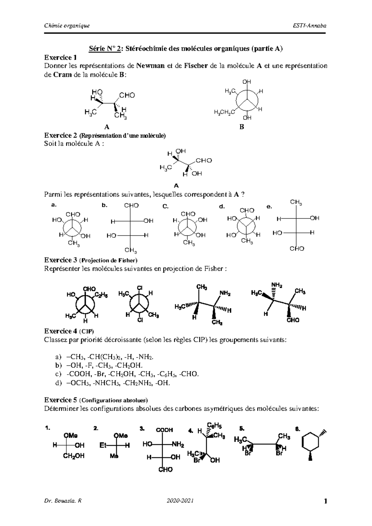Série N 2 stéréochimie - Chimie organique ESTI-Annaba Dr. Bouasla. R ...