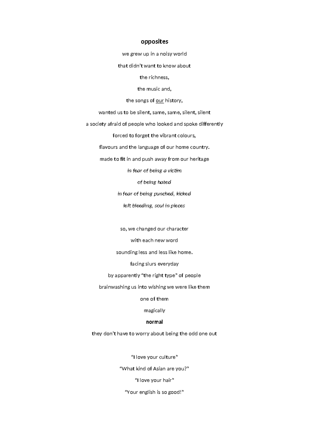 Poem racism year 10 - opposites we grew up in a noisy world that didn’t ...