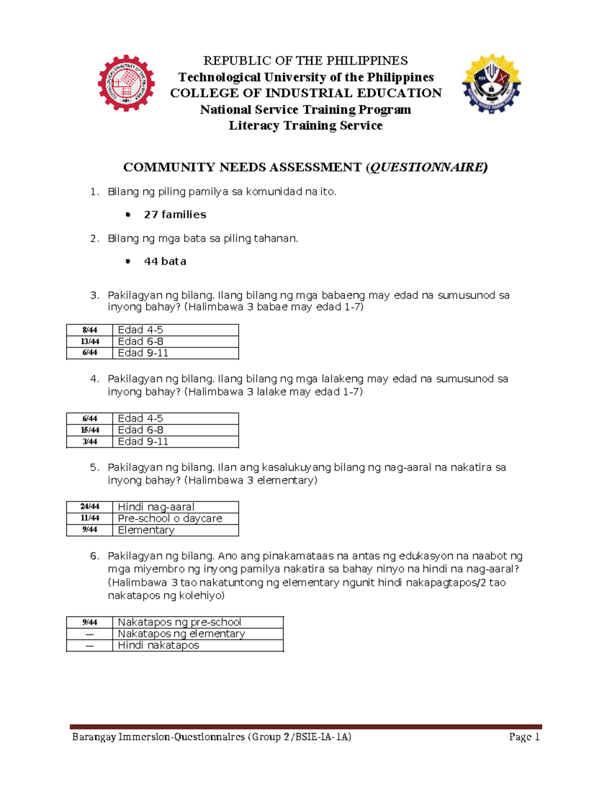 Community- Immersion- Questionnaire ( Revised) - Technological ...