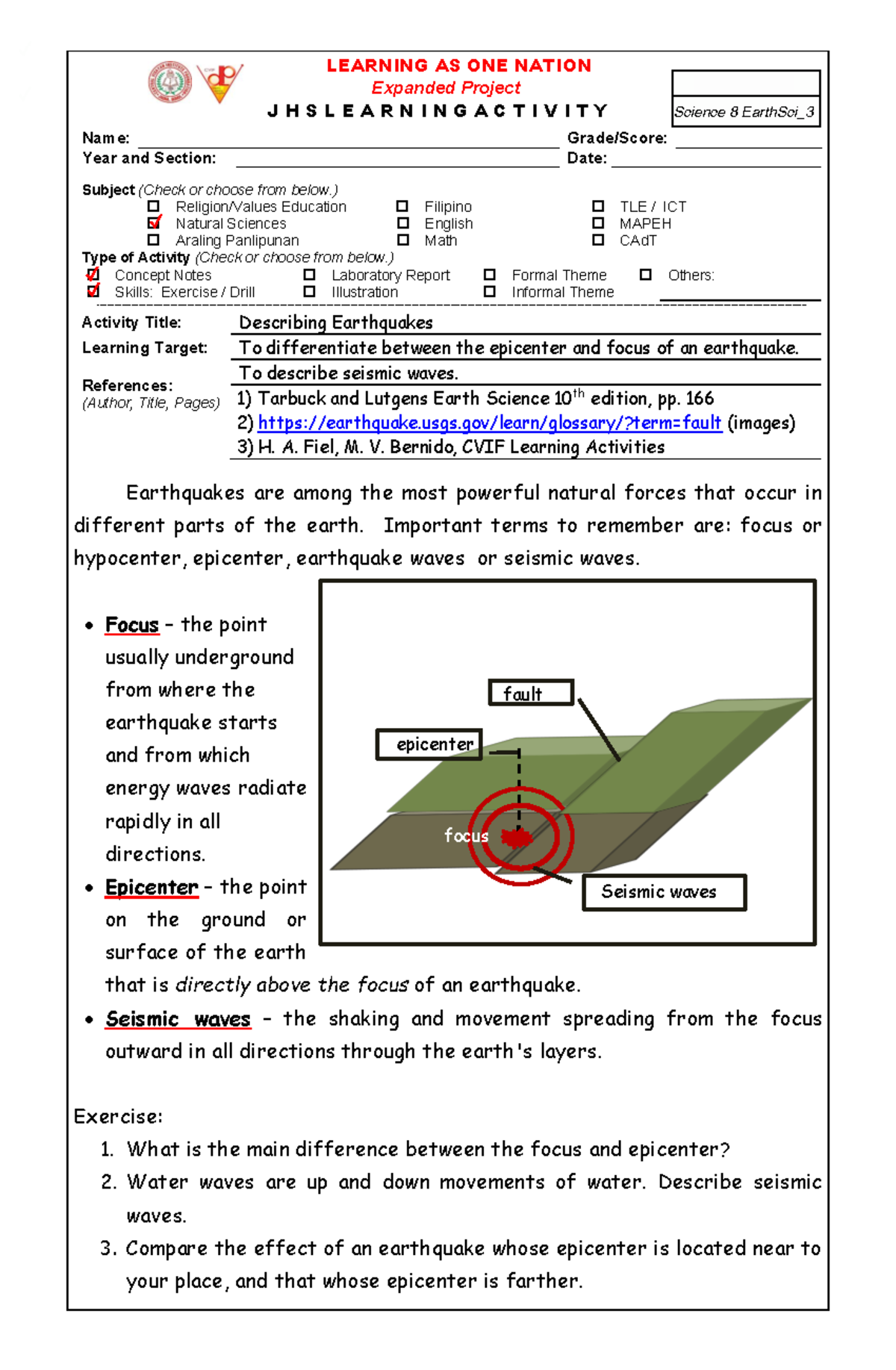 Science 8 Earth Sci LAS 3 Describing Earthquakes - LEARNING AS ONE ...