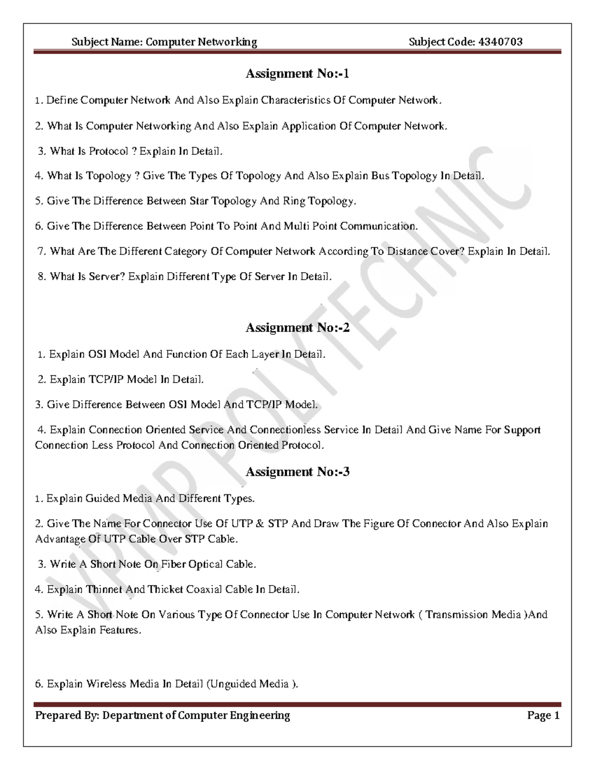 Cn-assignment - Subject Name: Computer Networking Subject Code: 43 ...