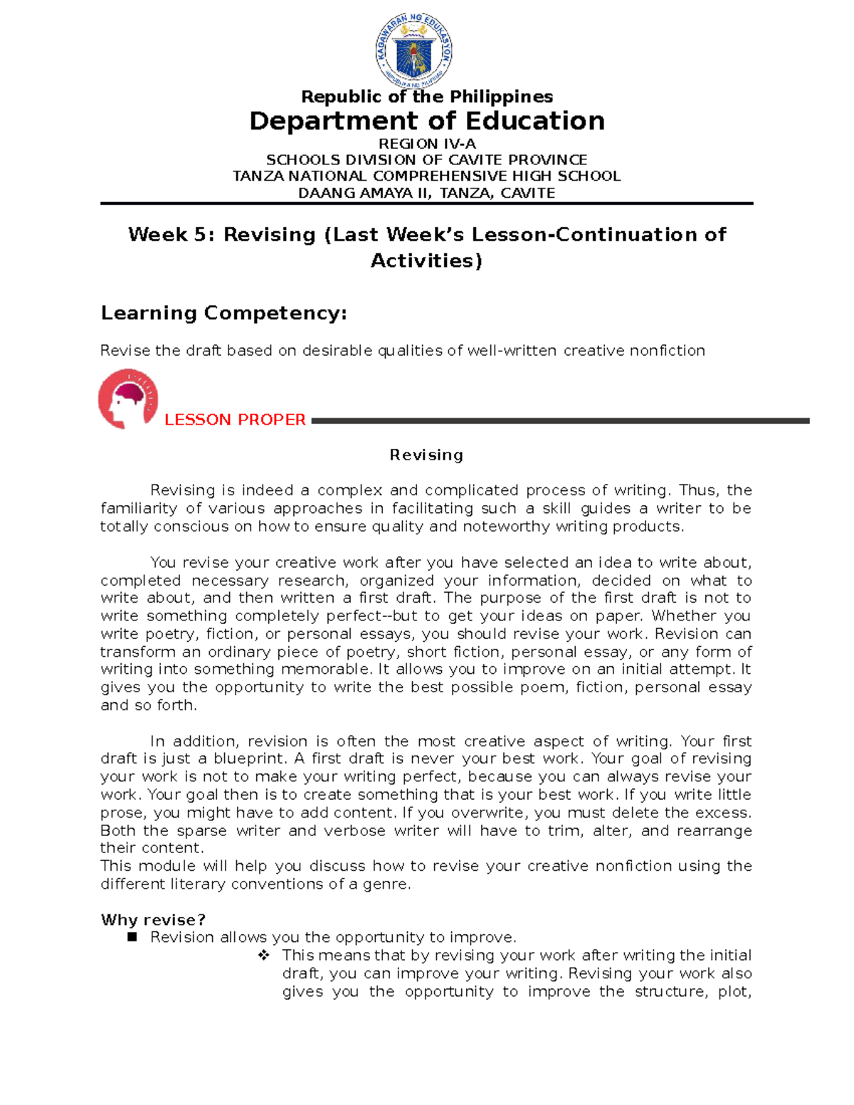 CNF Learning- Tasks Q4 WEEK-5 - Department of Education REGION IV-A SCHOOLS DIVISION OF CAVITE ...