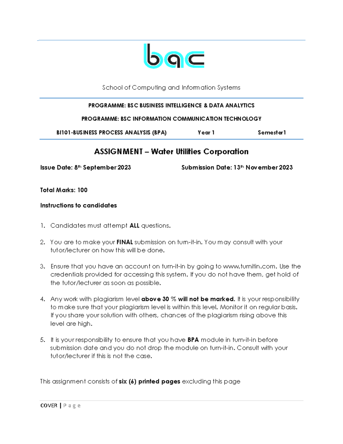 CIS112 BPA Assignment Coursework QP 2023 - COVER | P a g e School of Computing and Information ...