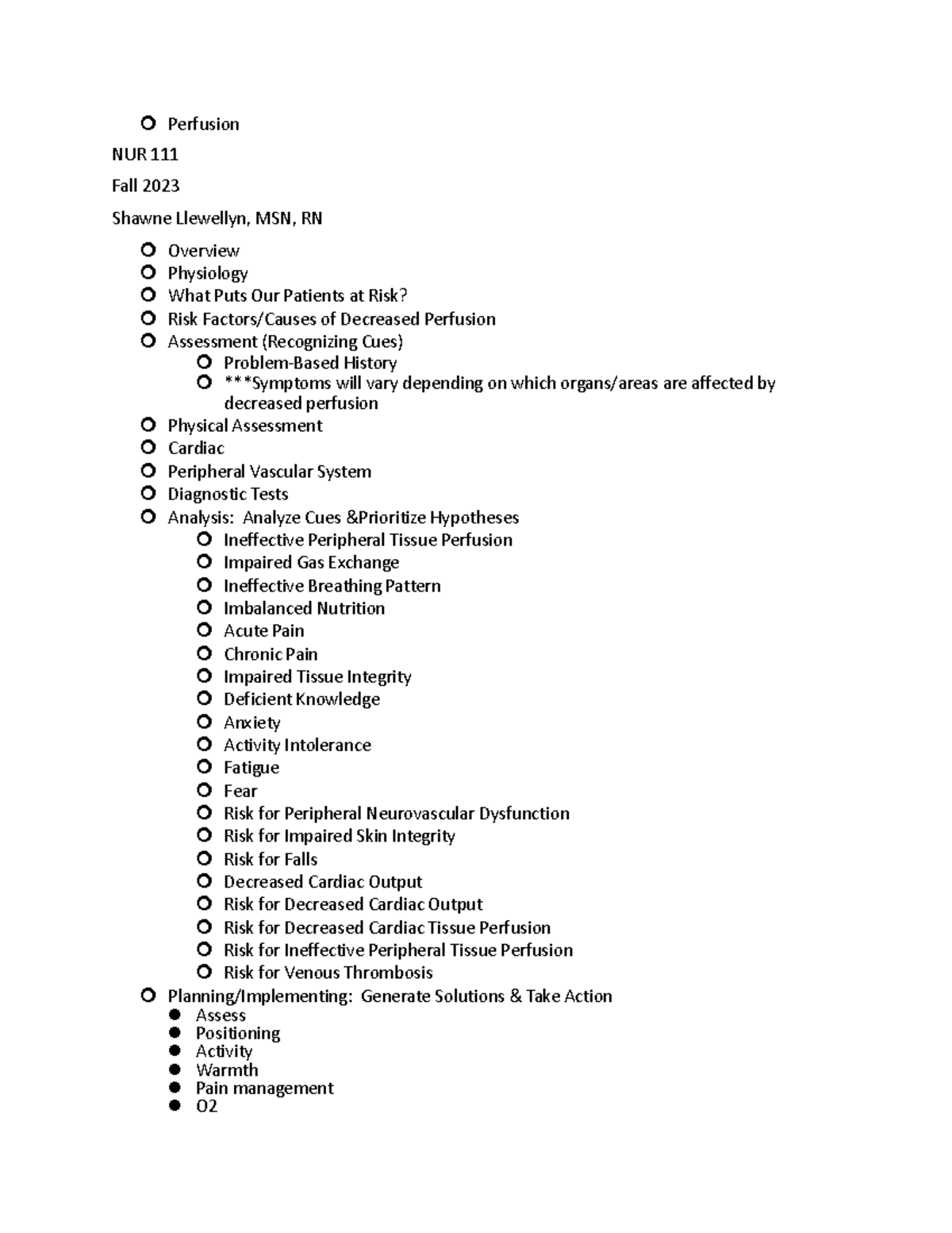 Perfusion Student Outline 2023 - Perfusion NUR 111 Fall 2023 Shawne ...