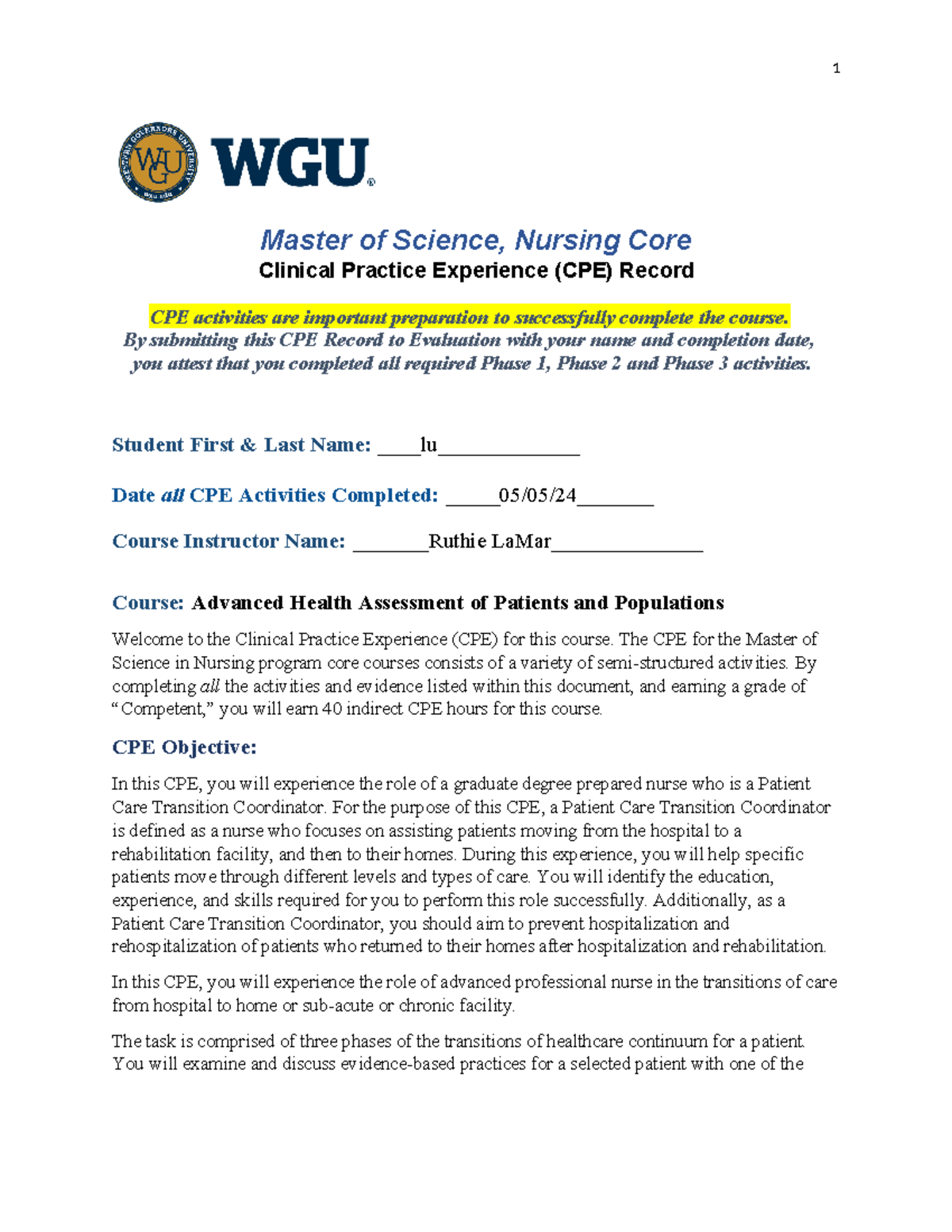 CPE Record - Master of Science, Nursing Core Clinical Practice ...