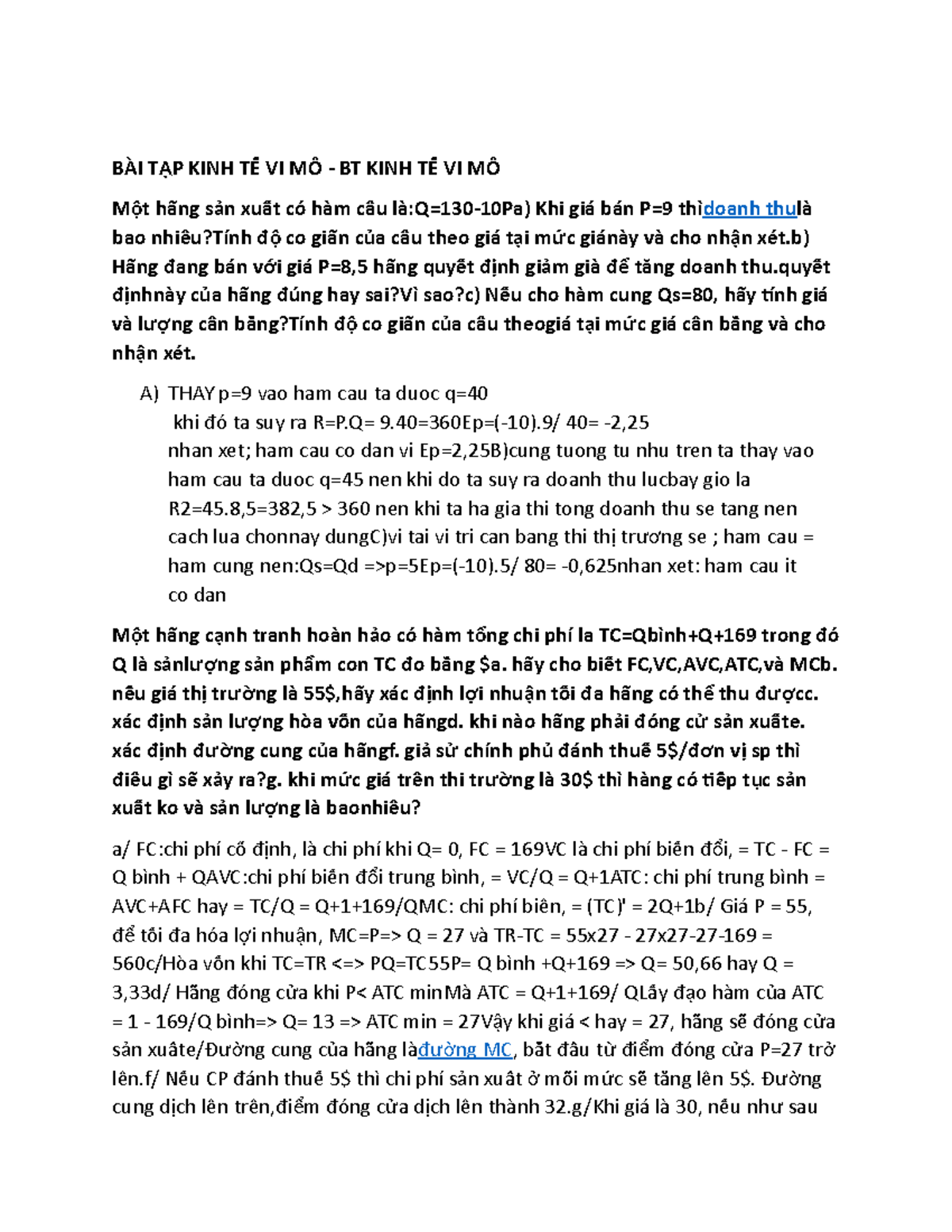 BÀI TẬP KINH TẾ VI MÔ - hvhhj - BÀI T ẬP KINH TẾẾ VI MÔ - BT KINH TẾẾ ...